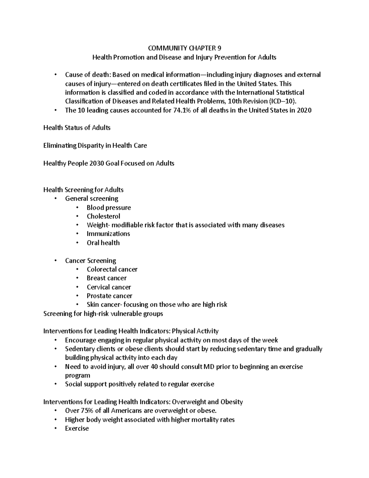 Community Chapter 9 - Dr. Weaver - COMMUNITY CHAPTER 9 Health Promotion ...