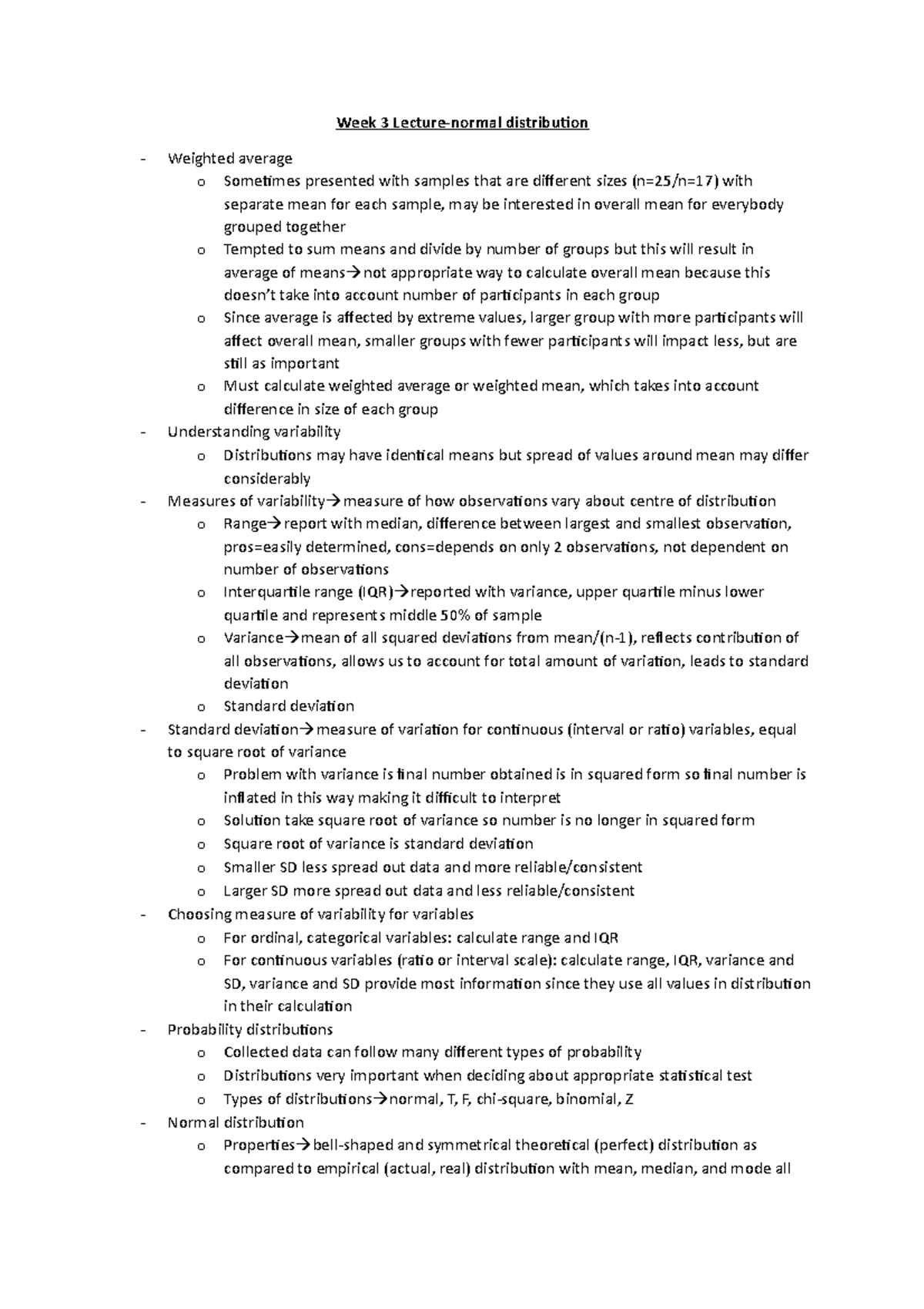 Lecture Normal Distribution Week 3 Lecture Normal Distribution Weighted Average O Sometimes