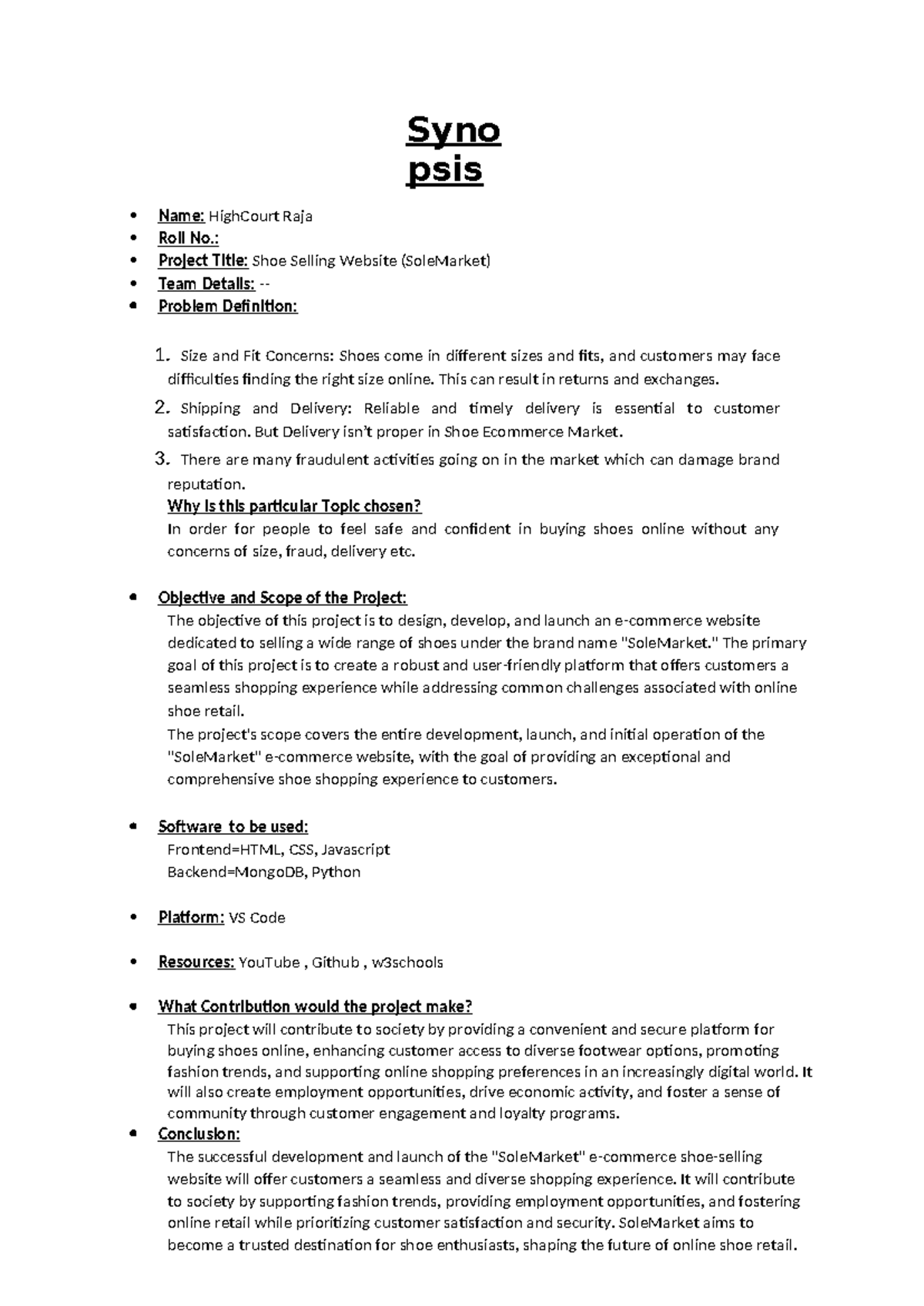 Synopsis for Shoe Selling Website - Syno psis Name: HighCourt Raja Roll ...