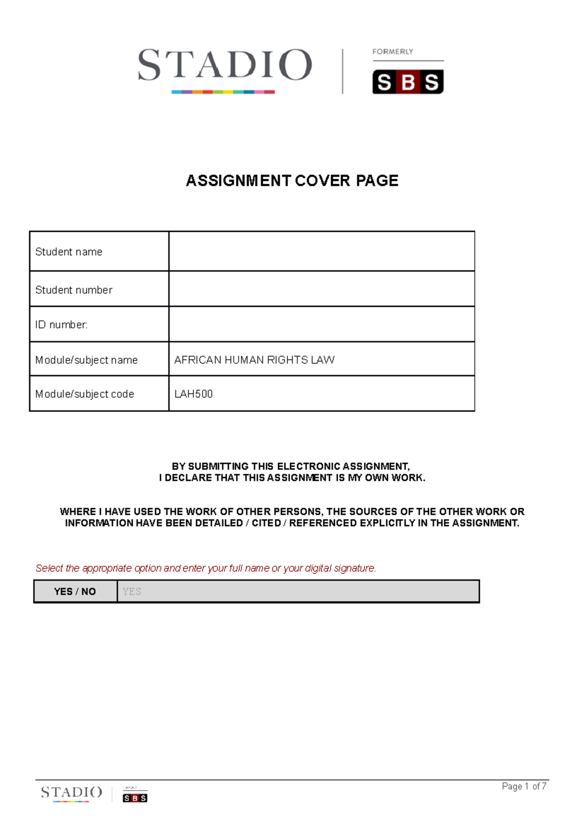 LAH - assignment - ASSIGNMENT COVER PAGE Student name Student number ID ...
