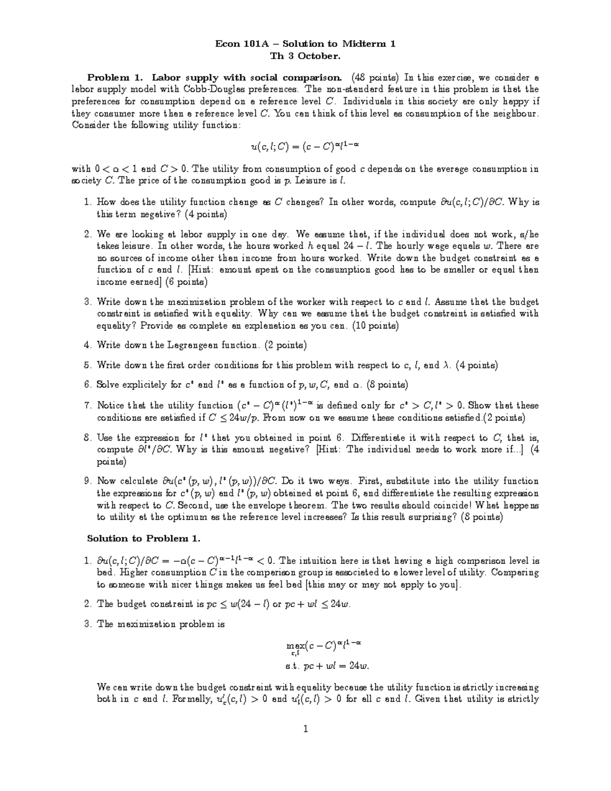 Econ 101a mt1 2002 sol - Jsksnsidks - Econ 101A Solution to Midterm 1 ...