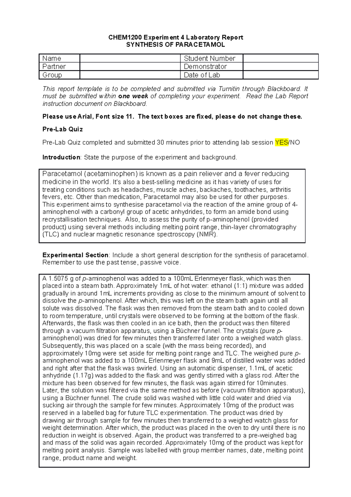 CHEM1200 Experiment 4 report template semester 2 2020 - CHEM1200 ...