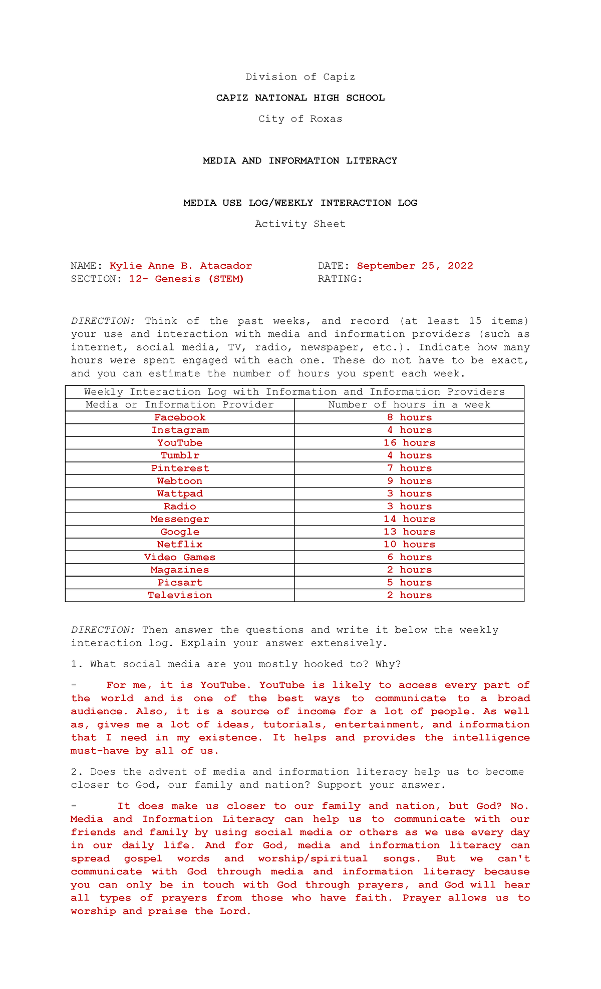 Activity Media Use Log (Introduction to Media and Information Literacy ...