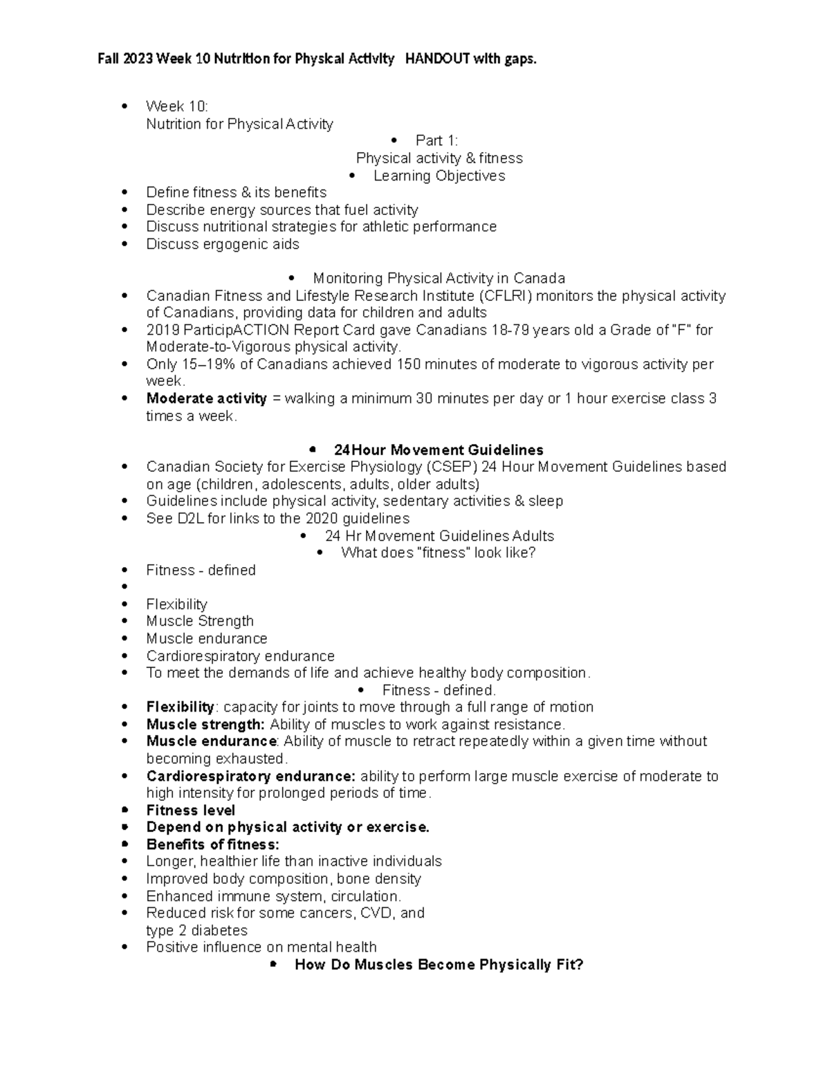 Fall 2023 Week 10 Nutrition for Physical Activity Handout with gaps ...