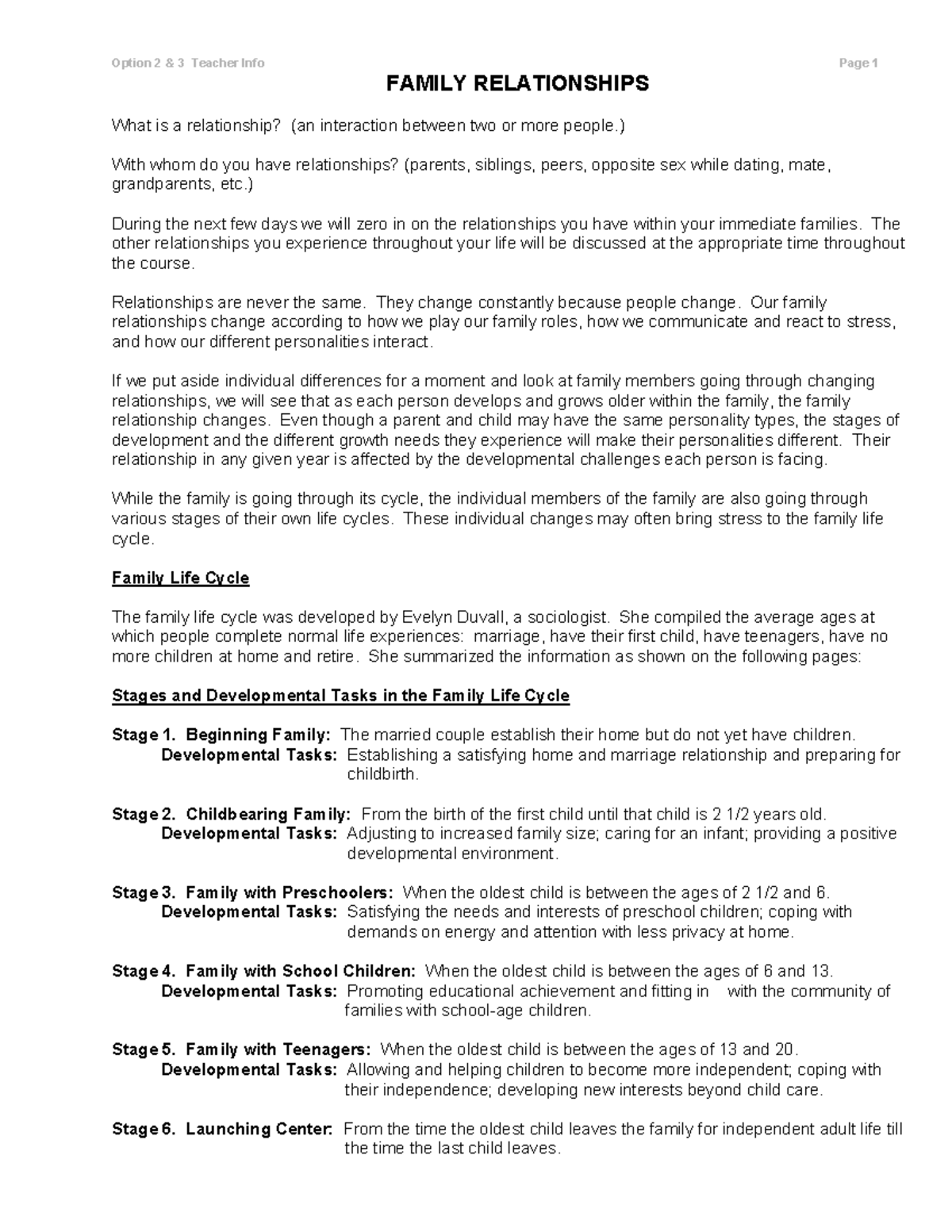 Family relationships teacher info - Option 2 & 3 Teacher Info Page 1 ...