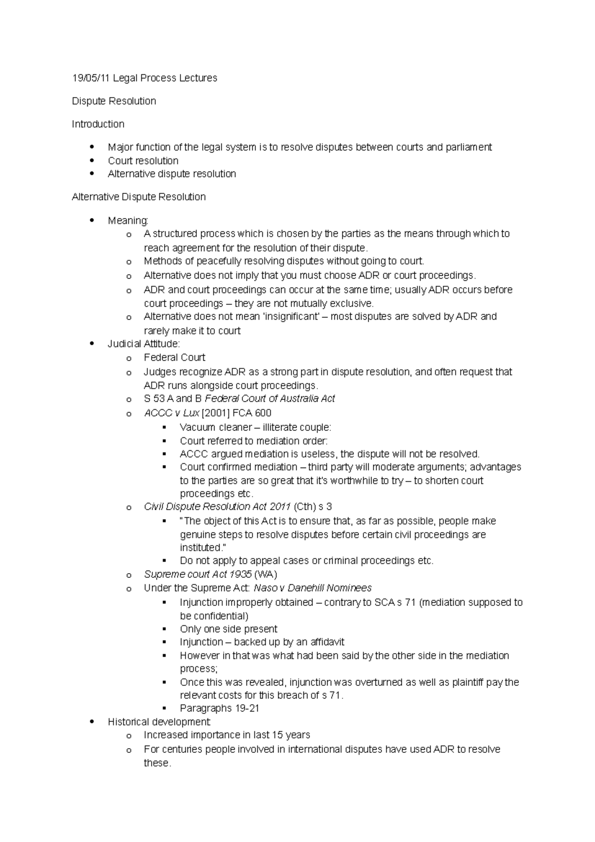 Lecture notes, Week 9, Lecturer Holly Cullen - 19/05/11 Legal Process ...
