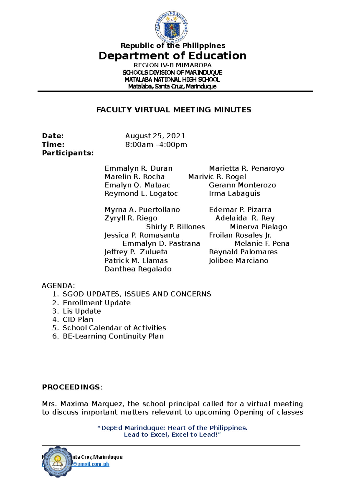 First Faculty virtual minutes - Department of Education REGION IV-B ...