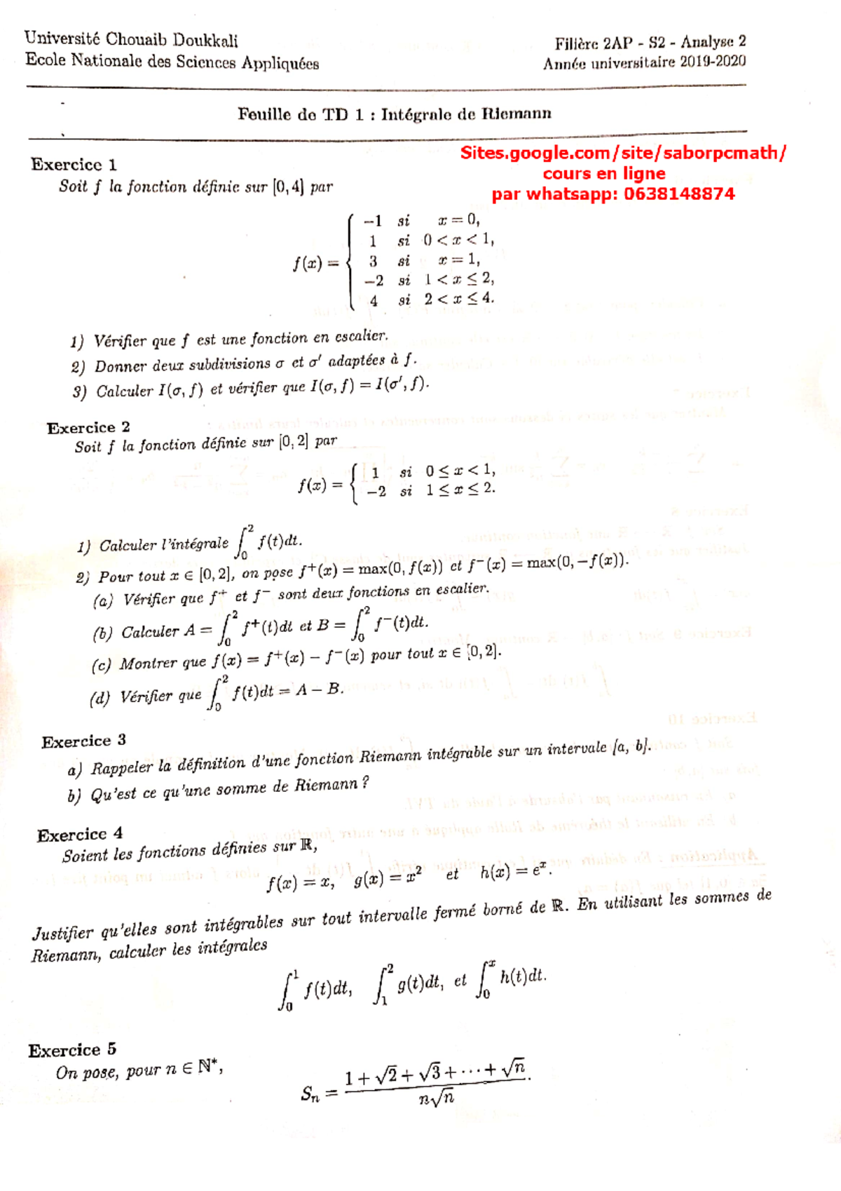 Ensaj Analyse 2 TDs+Examens - Université Chouaib Doukkali Filière 2AP ...