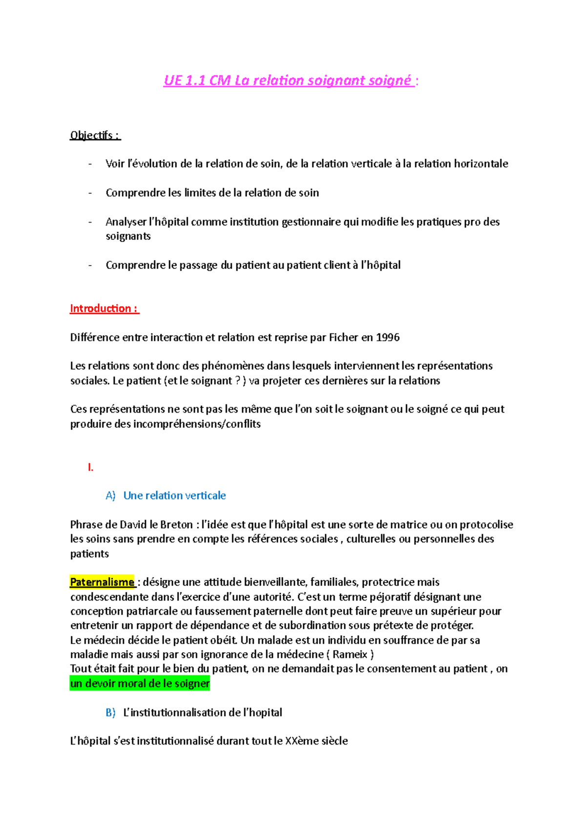 UE 1.1 CM la relation soignant-soigné - UE 1 CM La relation soignant ...