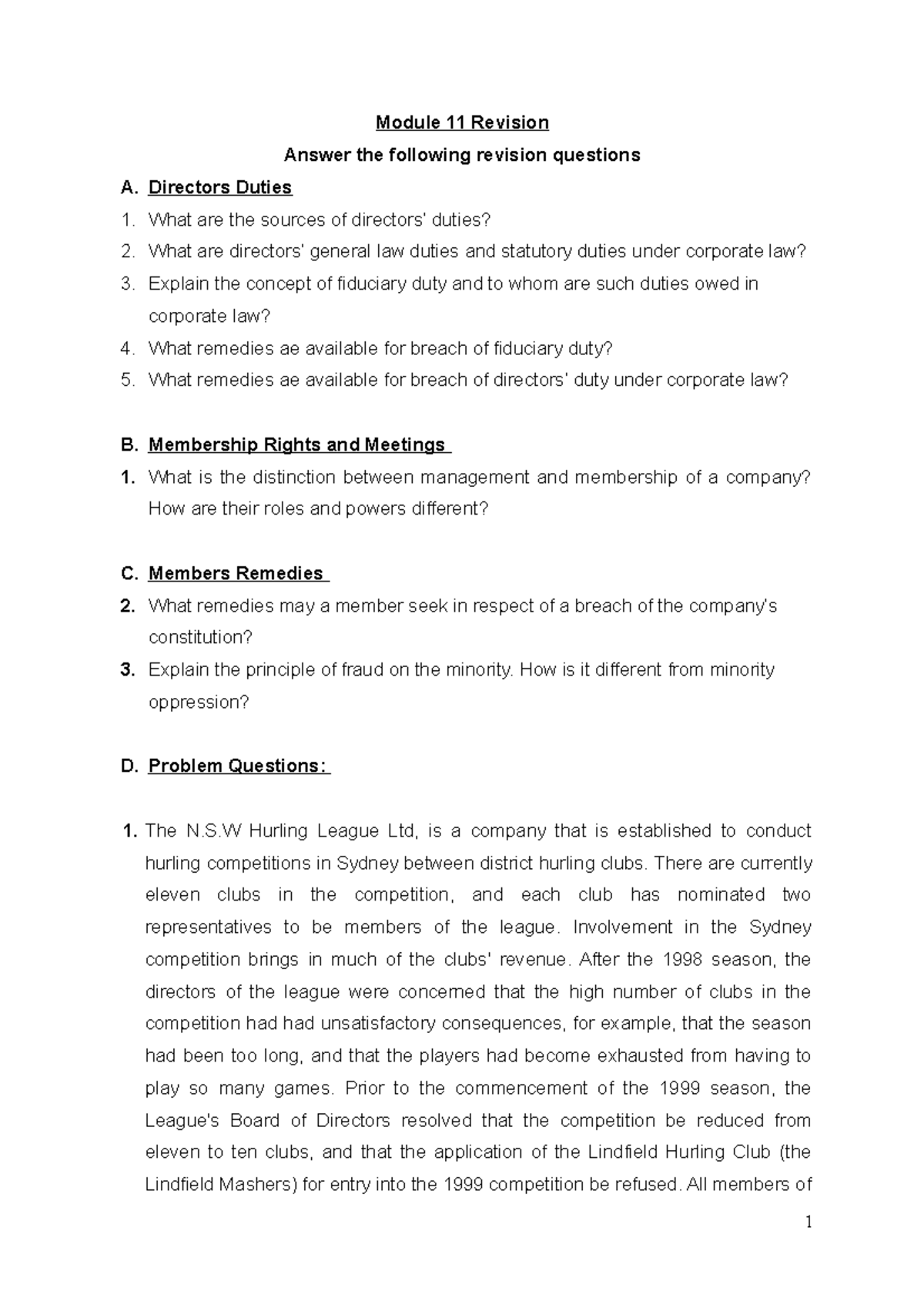 Module 11 Revision Tutorial - Module 11 Revision Answer the following revision questions A ...