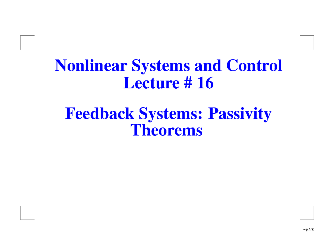 Lecture slides, lecture 16-20 - Nonlinear Systems and Control Lecture ...