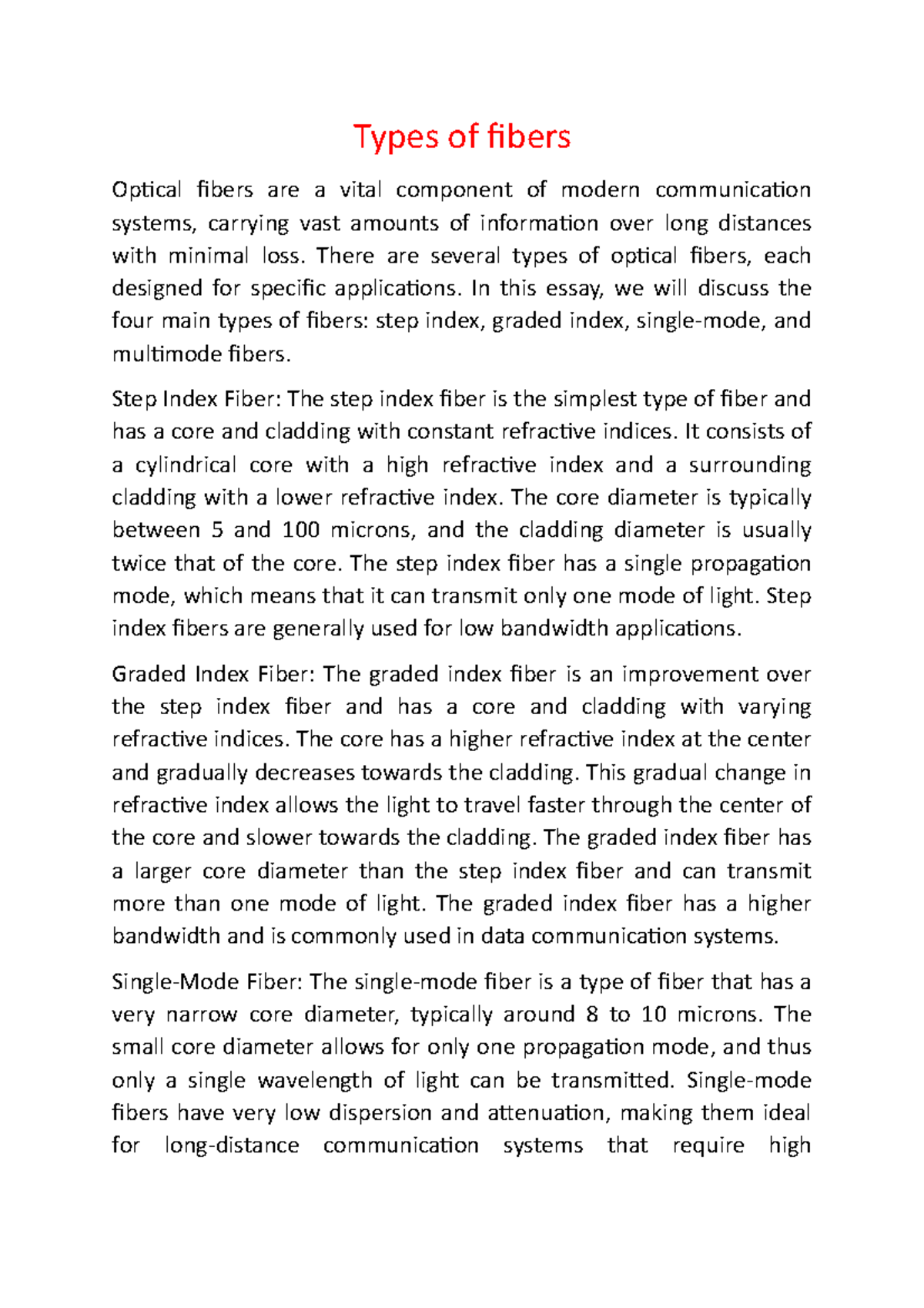Types of fibers - Types of fibers Optical fibers are a vital component ...