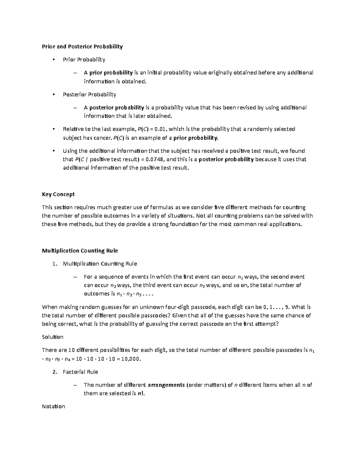 Lecture Notes 4 - Prior and Posterior Probability Prior Probability A ...