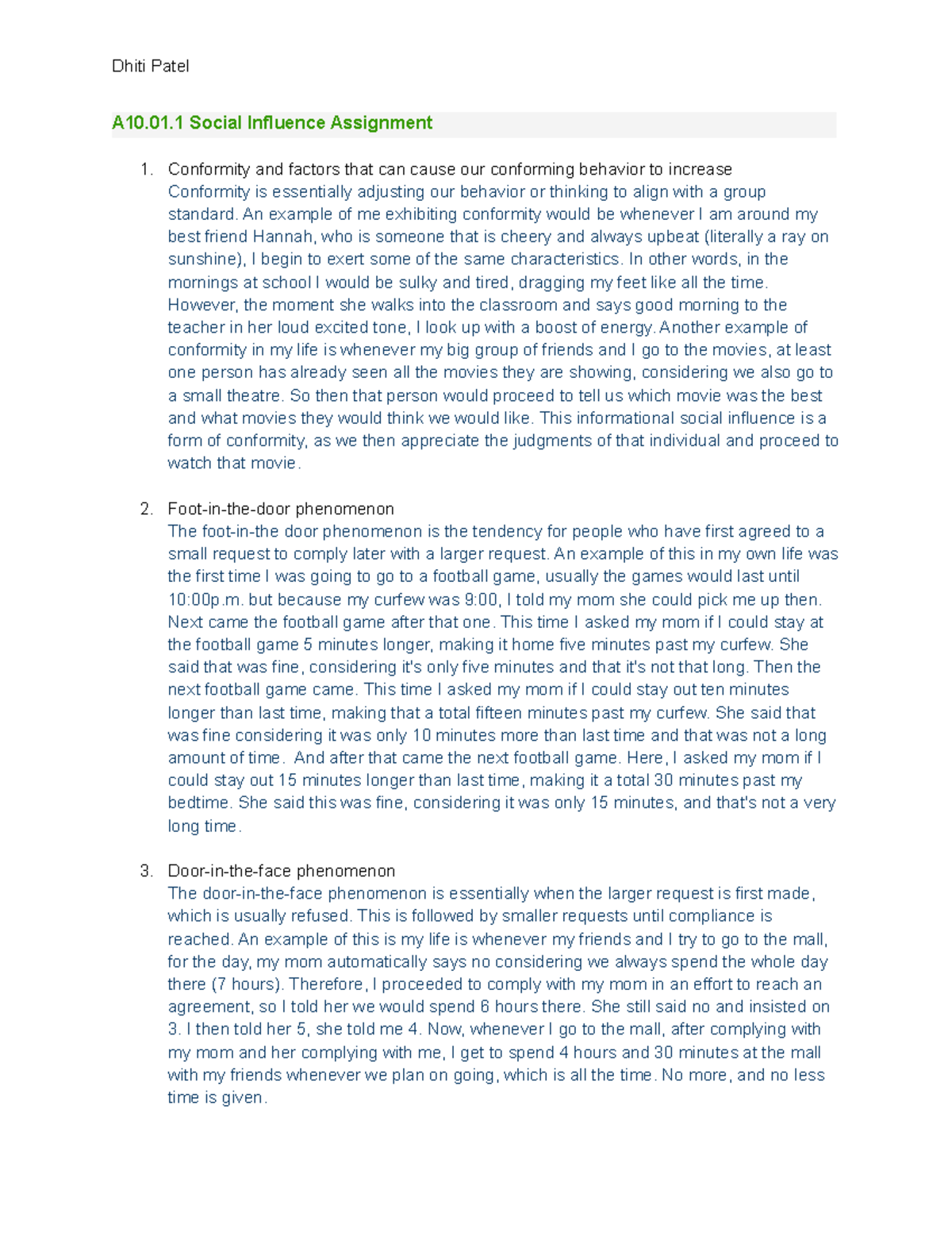 A10.01.1 Social Influence Assignment - Dhiti Patel A10.01 Social Influence Assignment 1 ...