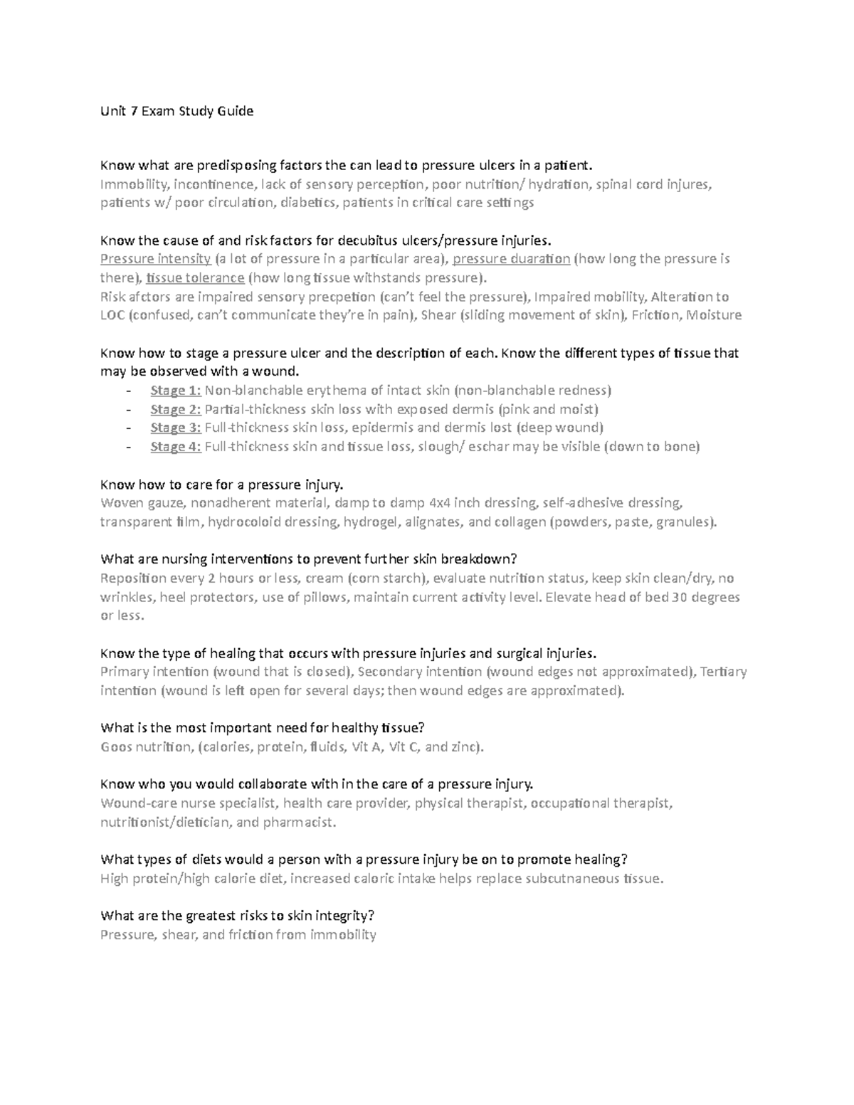 Unit 7 Study guide - Pressure injuries - Unit 7 Exam Study Guide Know ...