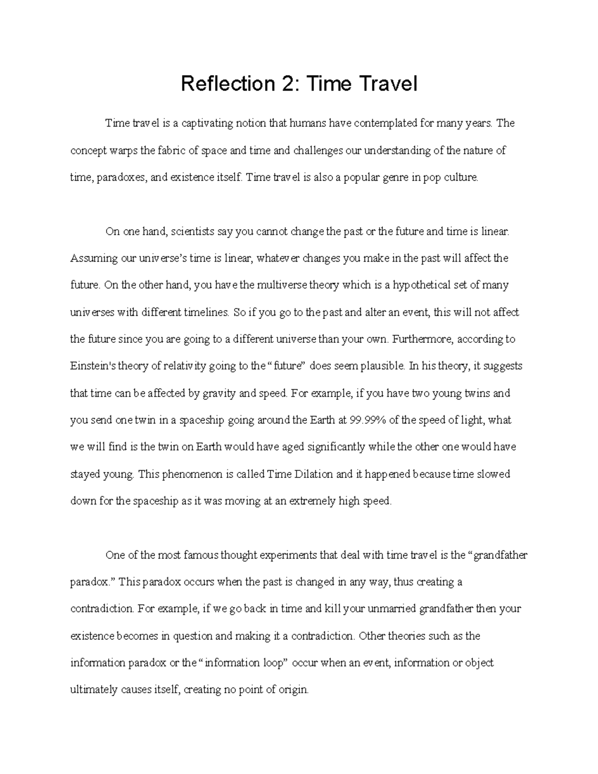 Metaphysics Reflection 2 Time Travel - Reflection 2: Time Travel Time ...