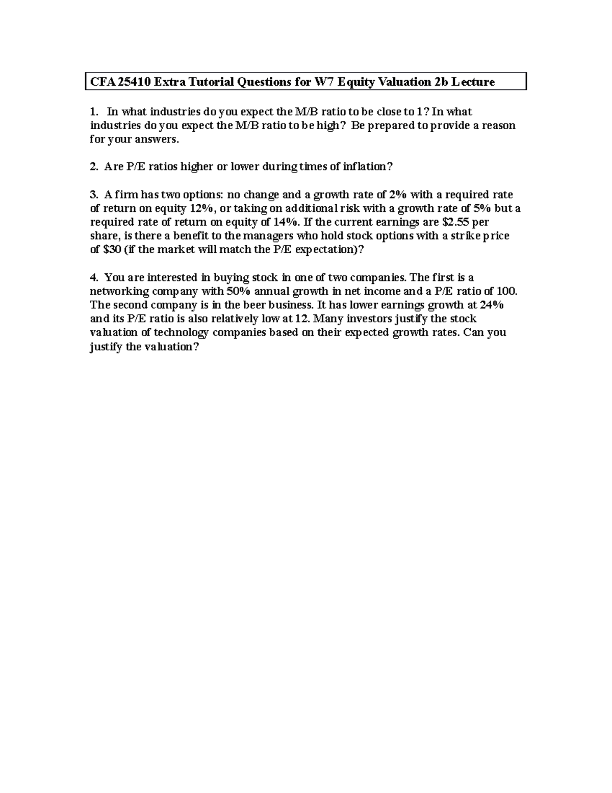 25410 CFA extratutorial Questions W7 Valuation 2b lecture - CFA 25410 Extra Tutorial Questions ...