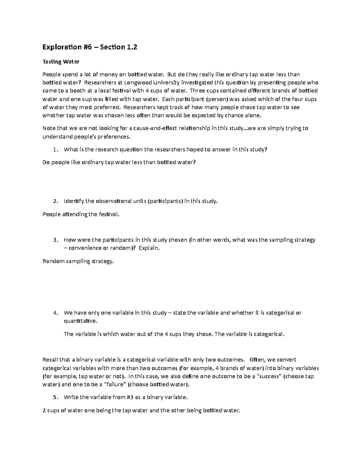 Exploration #six - Explora(on #6 – Sec(on 1. Tas(ng Water People spend ...