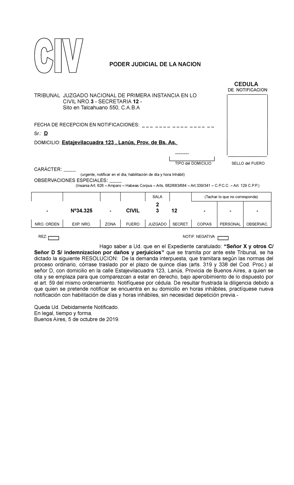 CIV Notificacion 2 - PODER JUDICIAL DE LA NACION CEDULA DE NOTIFICACION ...