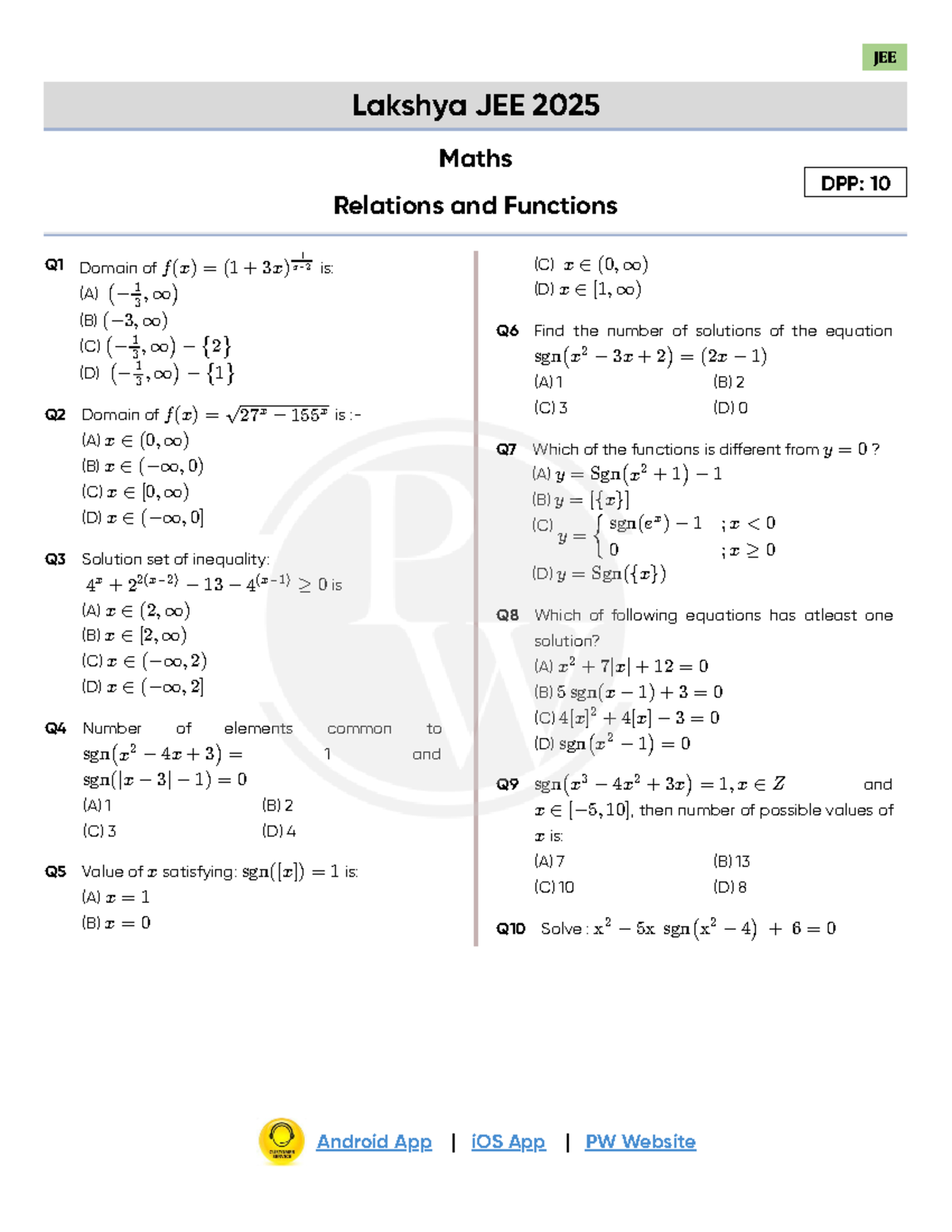 Relations & Functions DPP 10 of lec 14 Lakshya JEE 2025 - JEE Lakshya JEE 2025 Q1 Domain of is ...