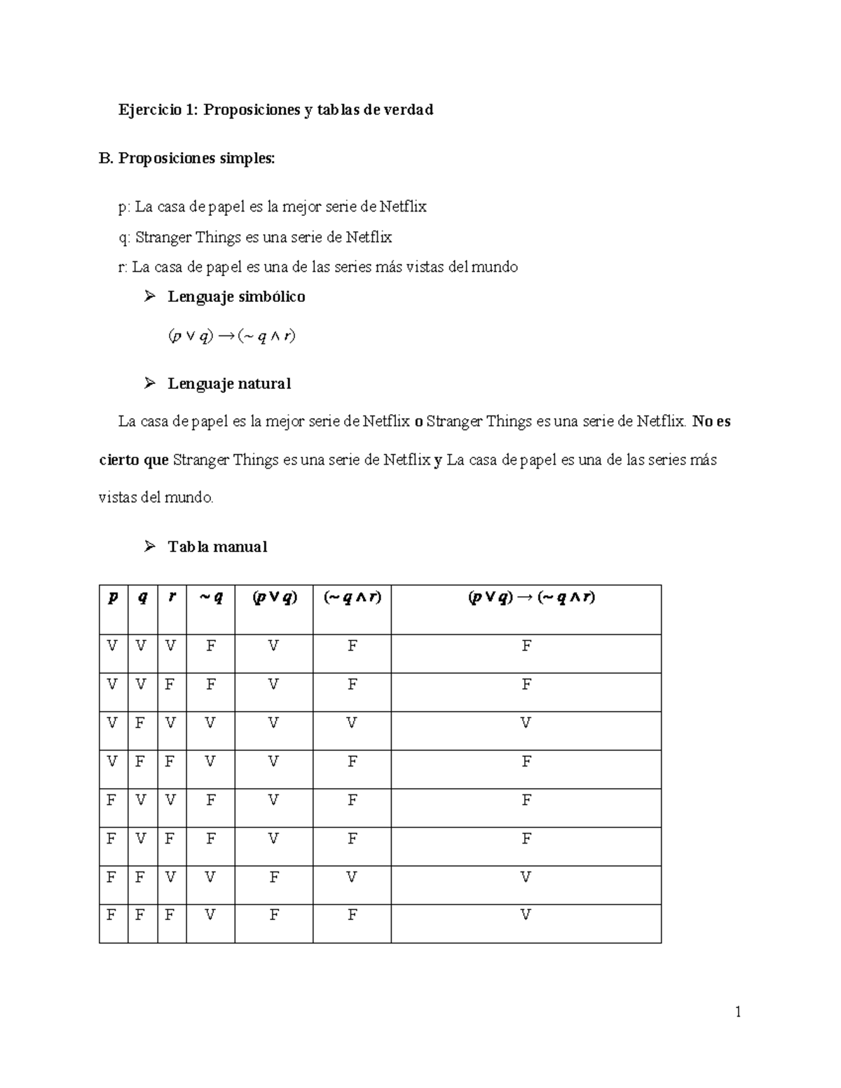 Ejercicio 1 - aportes - Ejercicio 1: Proposiciones y tablas de verdad B ...