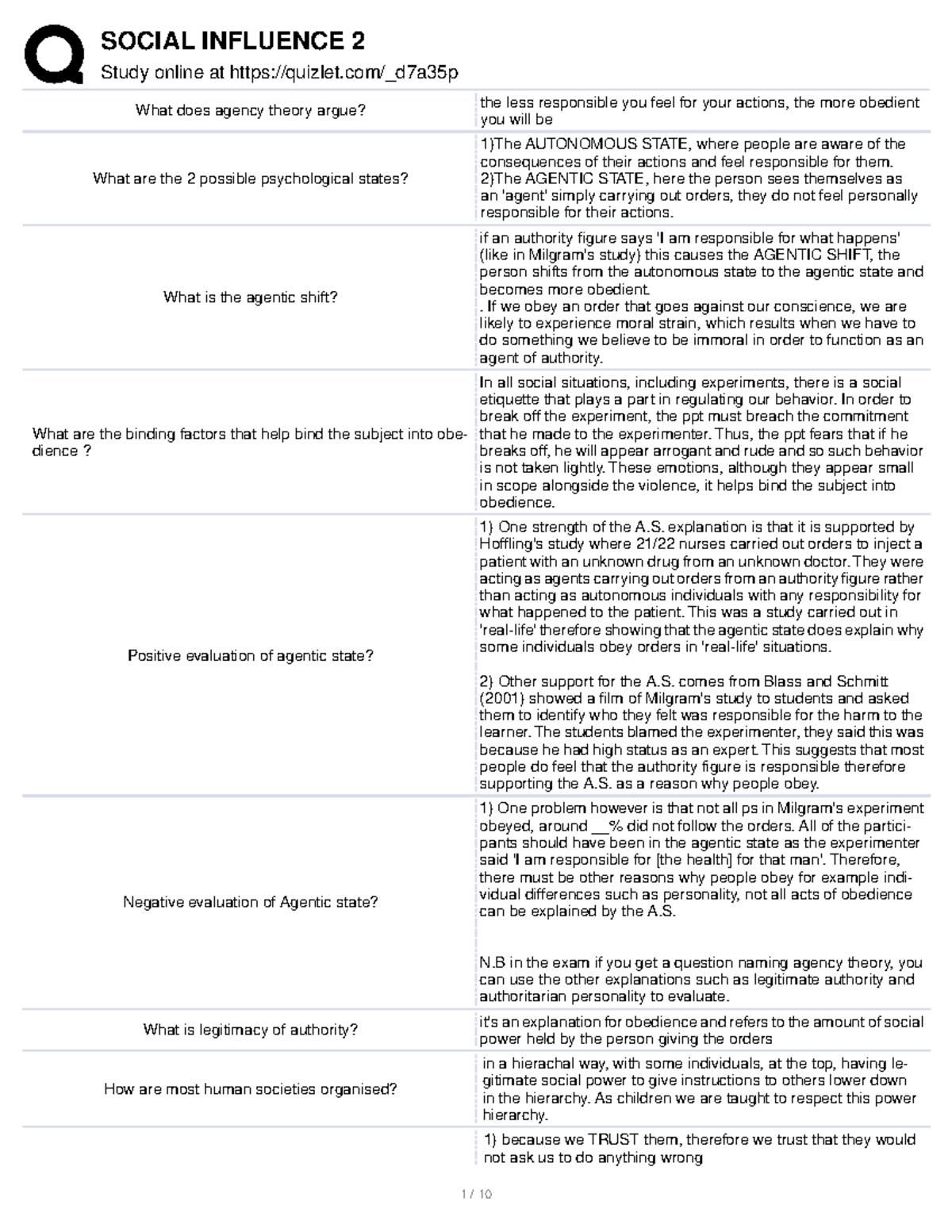 Social influence 2 - In the form iof active recall, question and answer ...