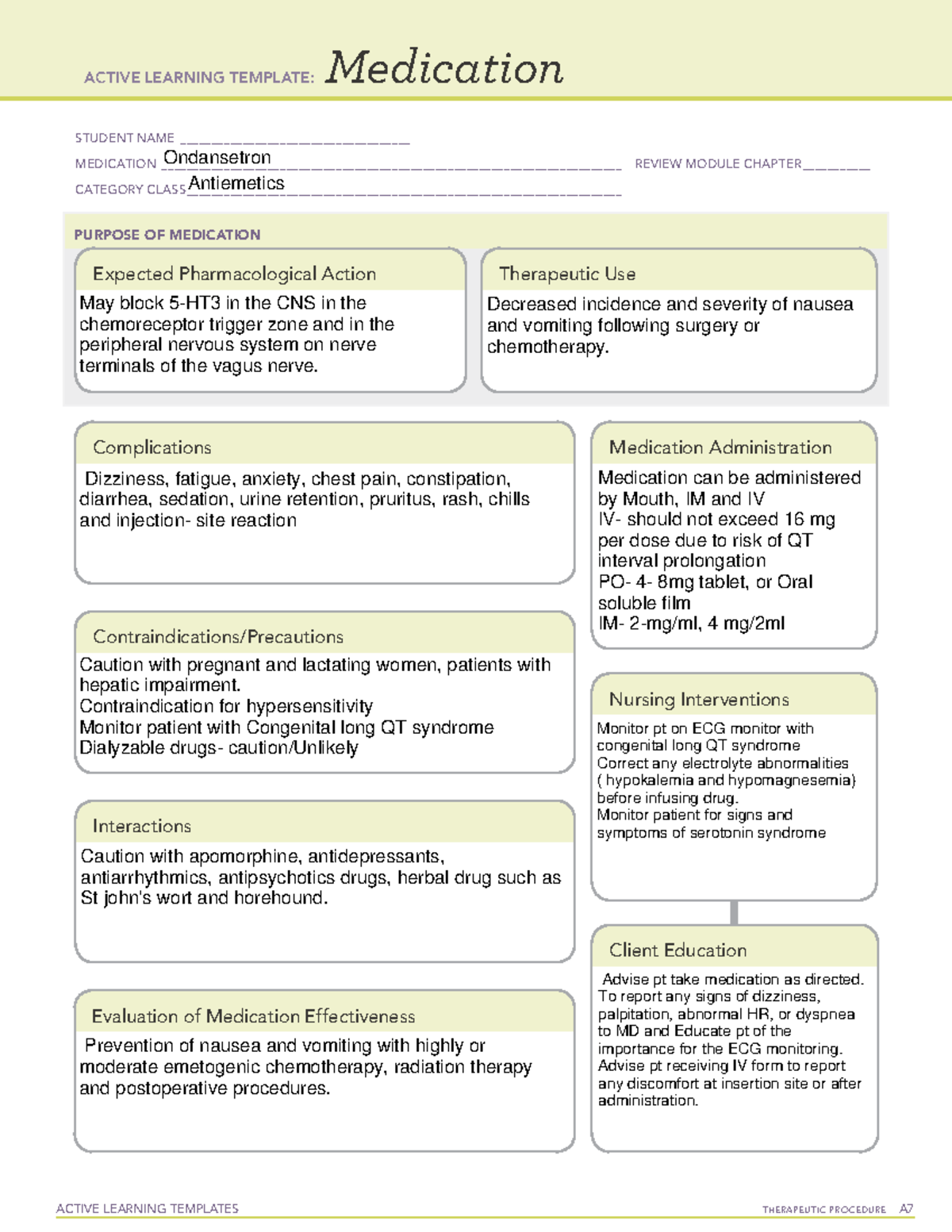 Medication Drug Card Ondans dup - ACTIVE LEARNING TEMPLATES THERAPEUTIC ...