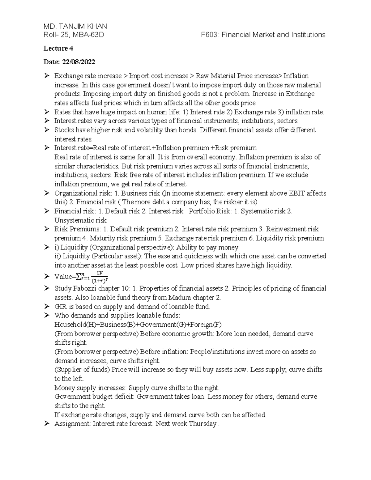 25 Lecture 4 - MD. TANJIM KHAN Roll- 25, MBA-63D F603: Financial Market and Institutions Lecture ...