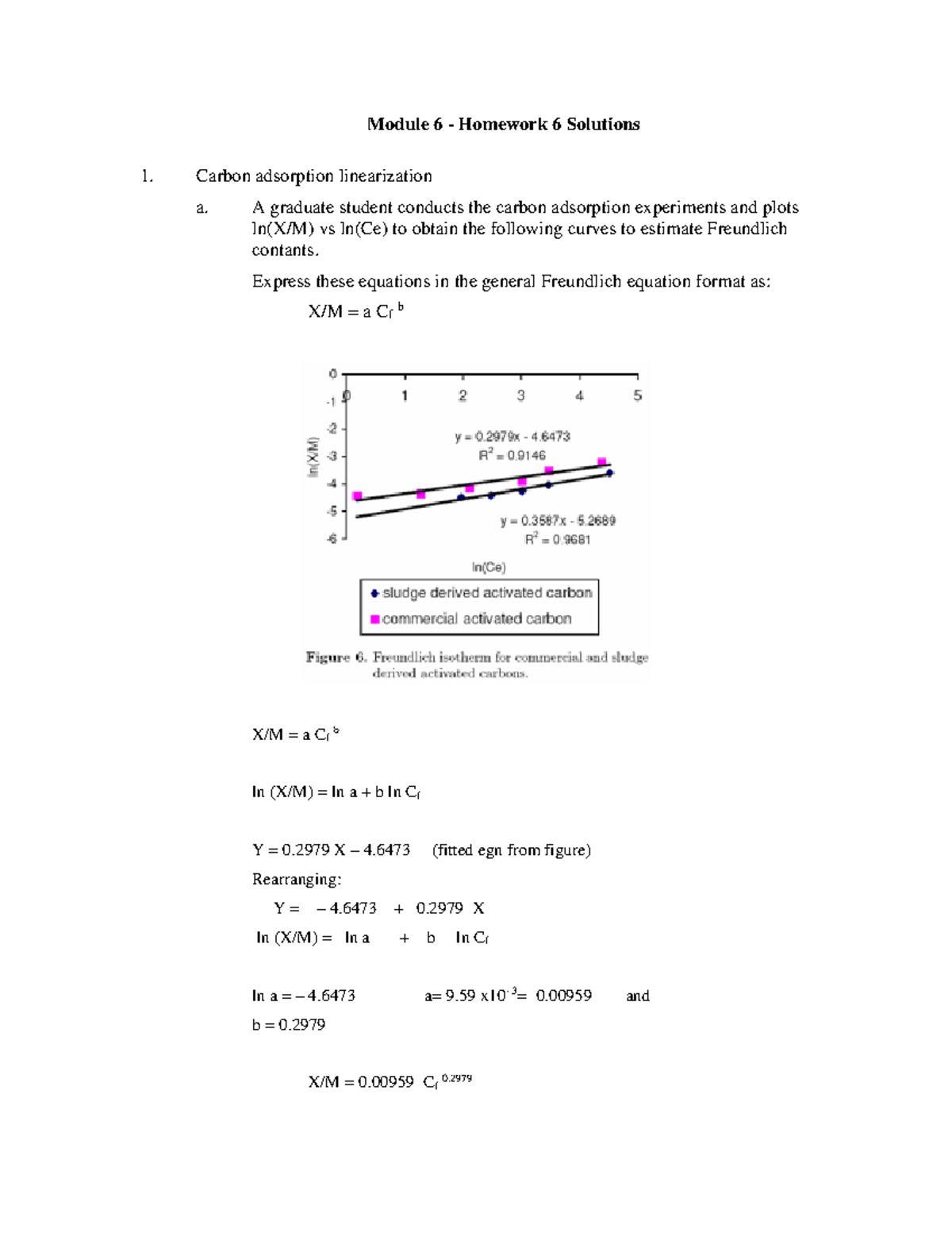 Mod 6-Homework solution - Module 6 - Homework 6 Solutions 1. Carbon adsorption linearization a ...