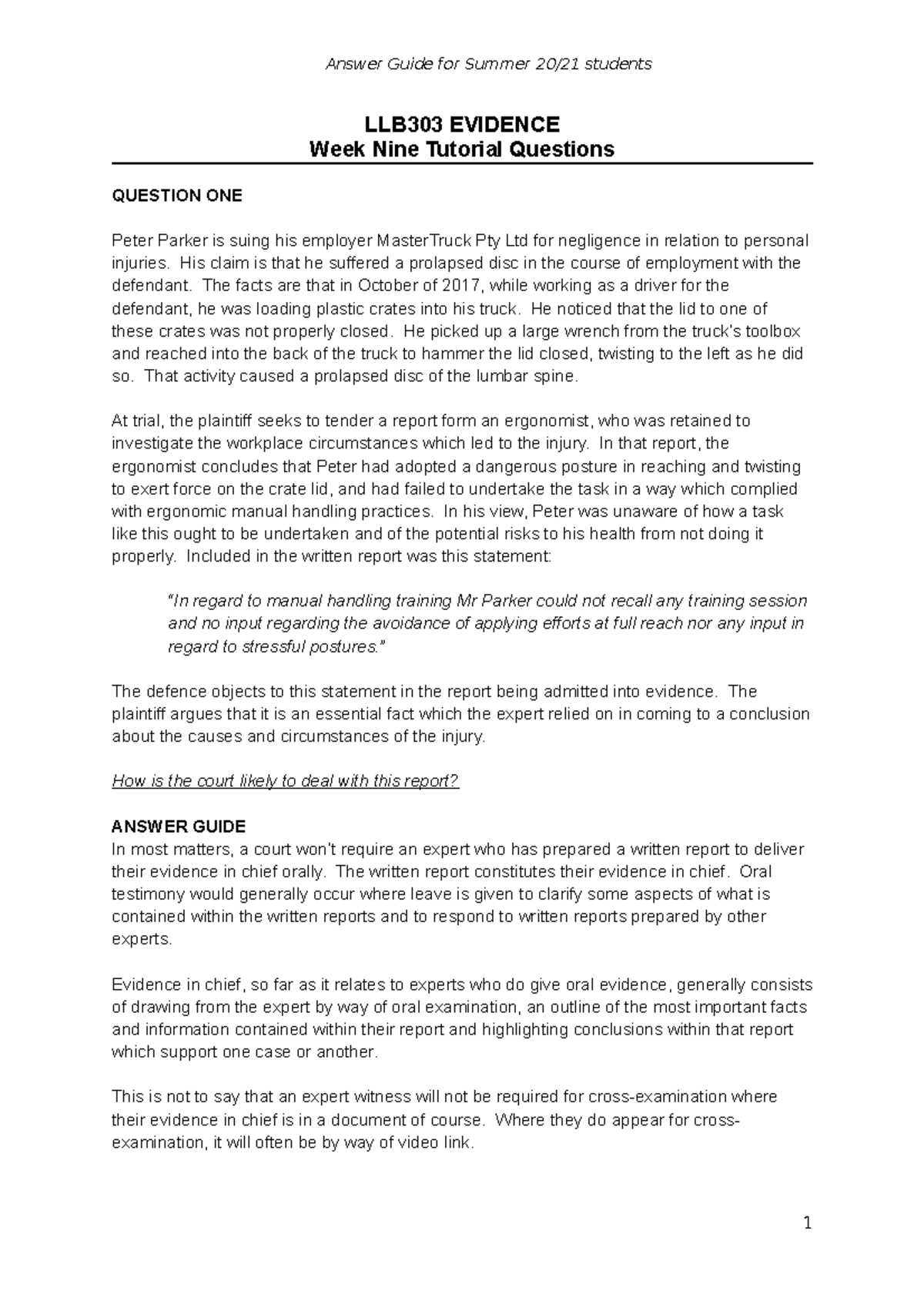 Week 9 Tutorial Questions And Answers Llb303 Evidence Week Nine Tutorial Questions Question