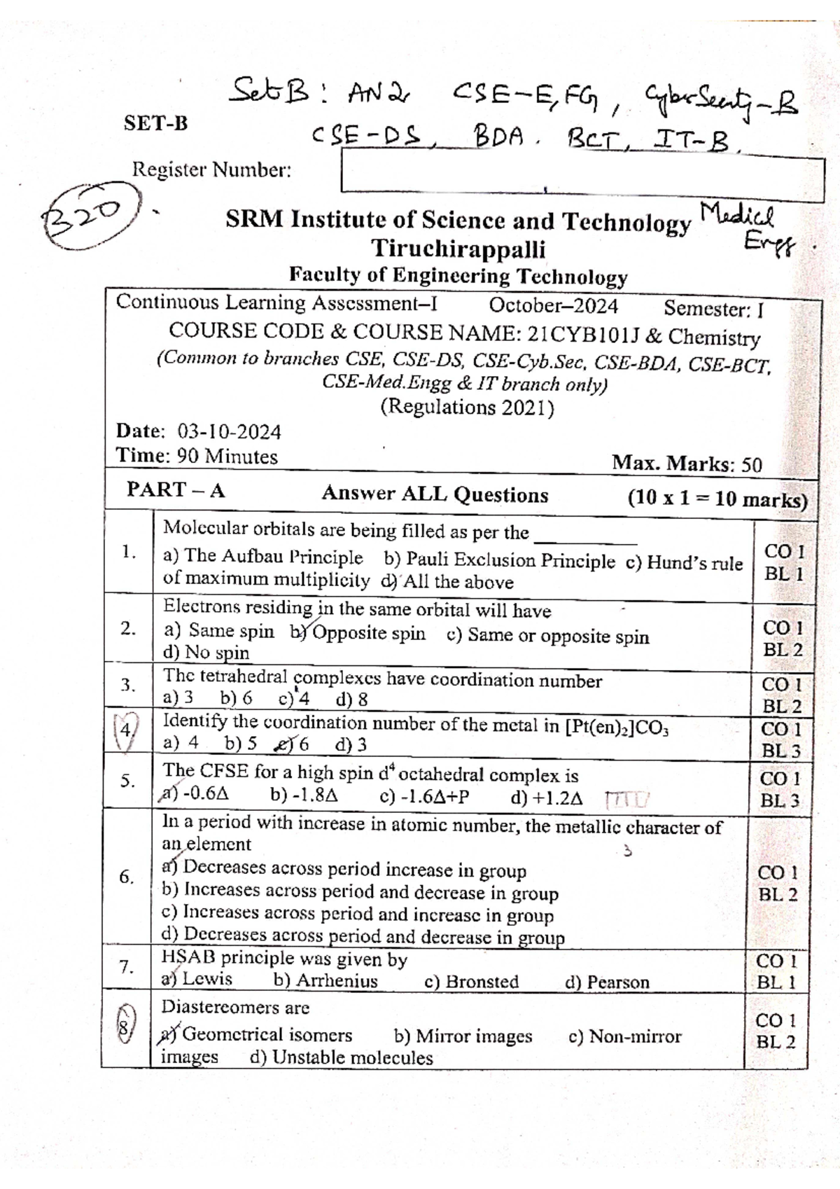 chemistry cla-1 - SetB . : AN 2 BDA. BCT, Register Number: B20 SRM ...