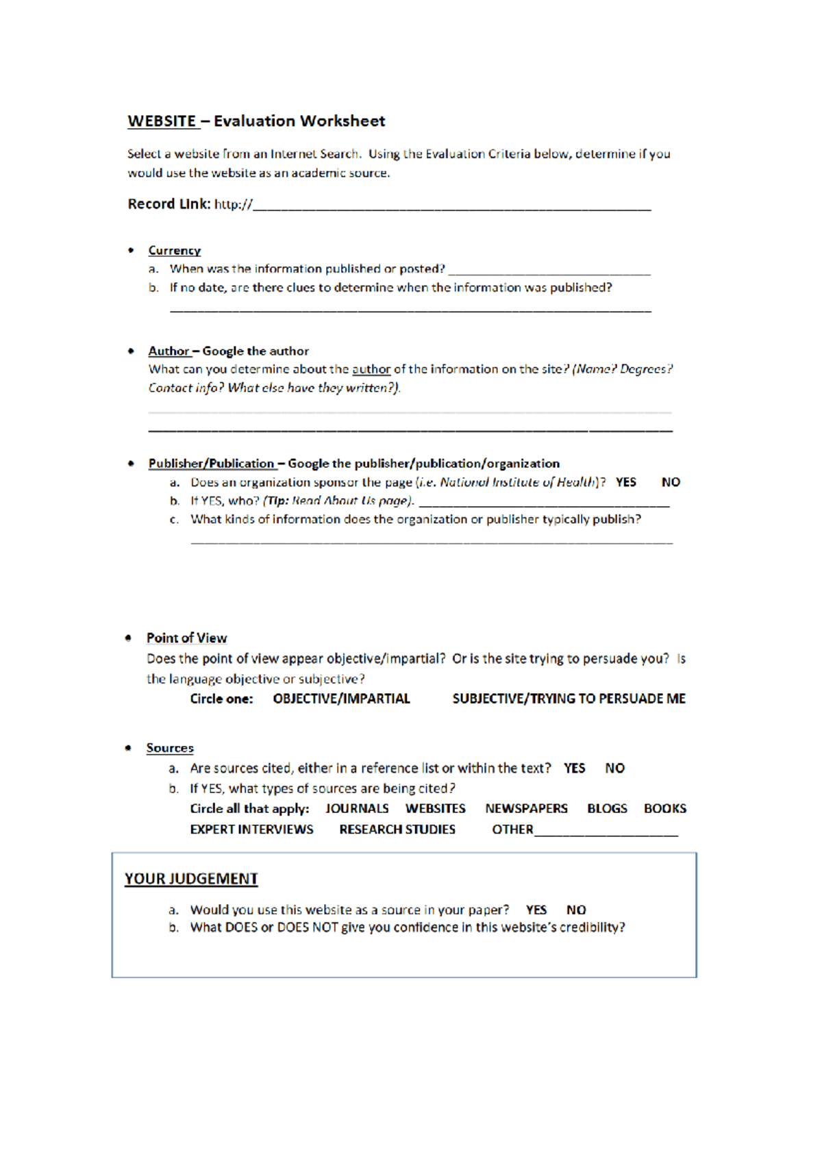 Website Evaluation Worksheet - SPO053-2/Bed/SEM2 - Studocu