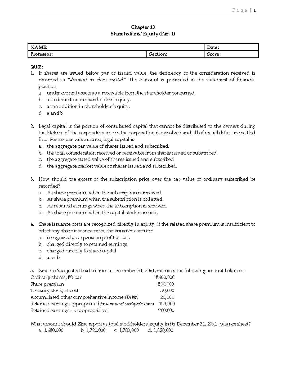 QUIZ Chapter 10 SHE PART 1 2021 - P a g e | 1 Chapter 10 Shareholders ...