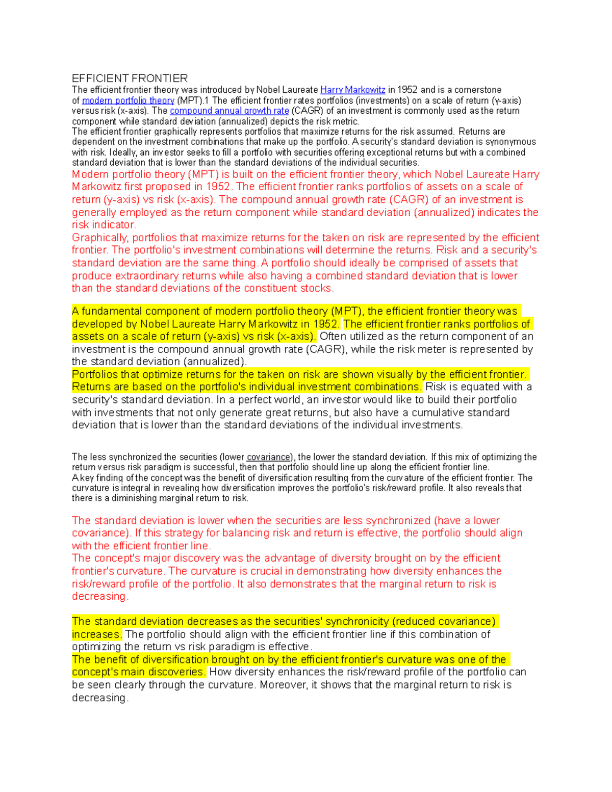 Efficient Frontier - EFFICIENT FRONTIER The efficient frontier theory ...