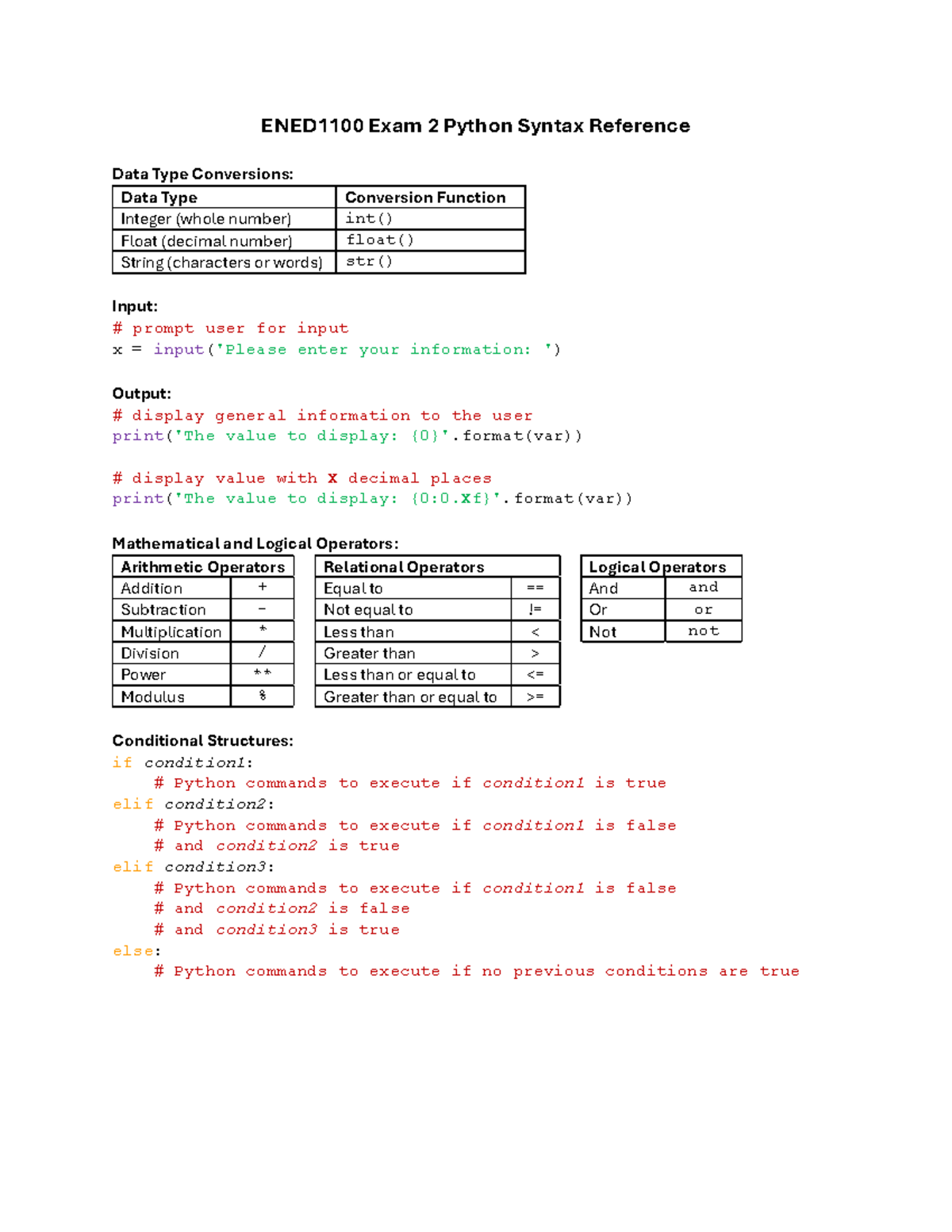 Exam2 Python Syntax Reference - ENED1100 Exam 2 Python Syntax Reference Data Type Conversions ...
