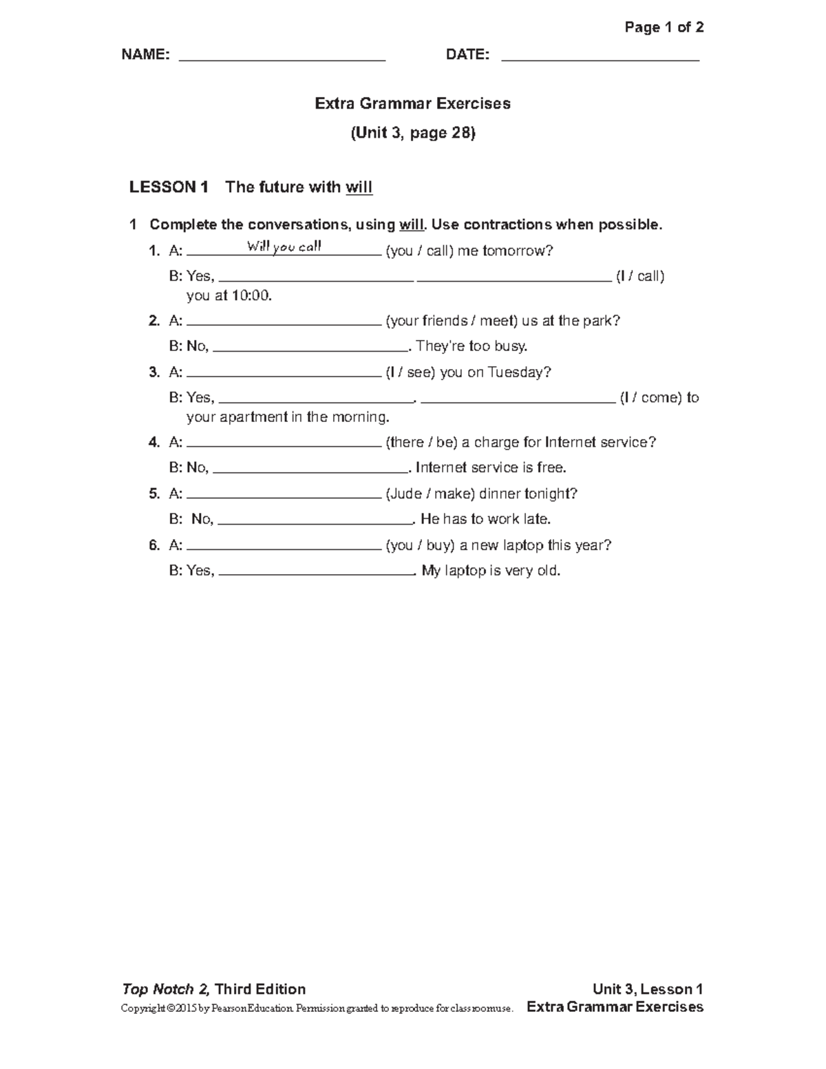 Unit 03 Extra Grammar Exercises KET C - NAME ...