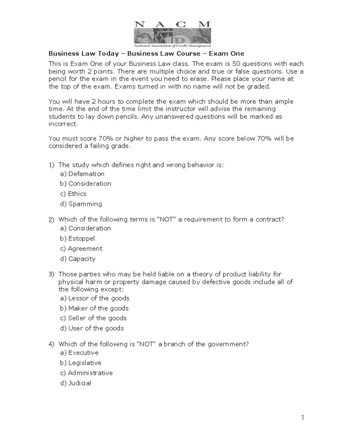 BLT13e Business Law Exam 1 - Business Law Today – Business Law Course ...