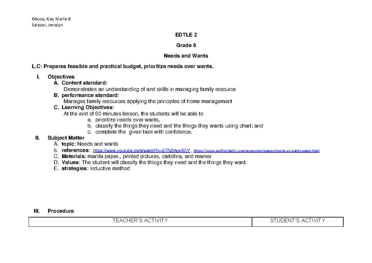 Traditional lesson plan edtle 2 - Salazar, Jonalyn EDTLE 2 Grade 6 ...
