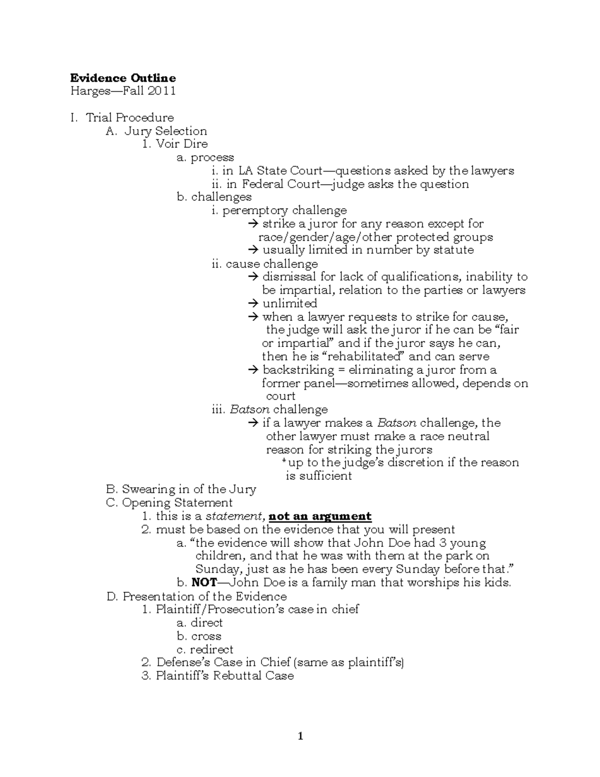 GOOD Evidence Outline - Evidence Outline Harges—Fall 2011 I. Trial ...