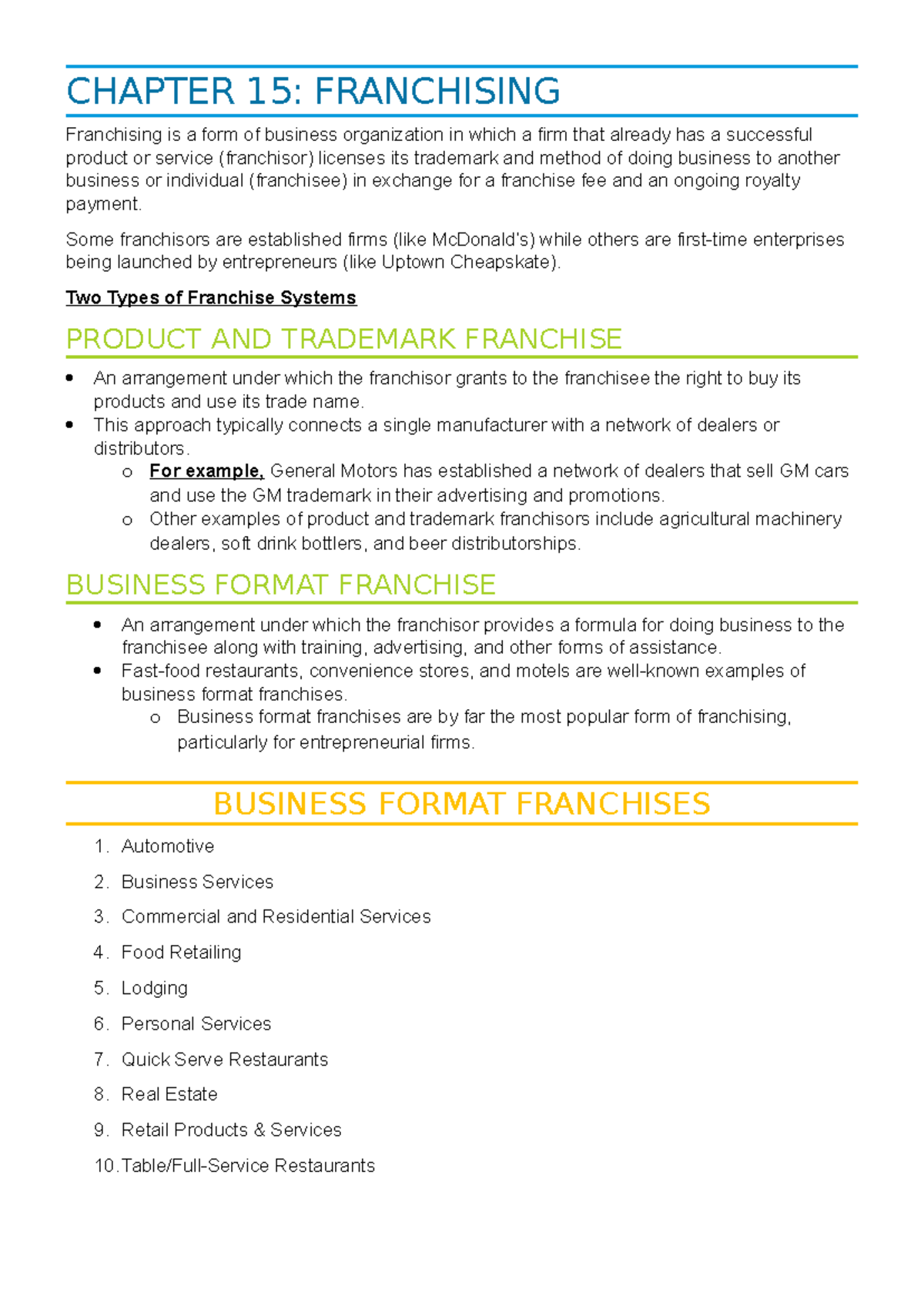 Chap 15 - Summary Business Management 2A - CHAPTER 15: FRANCHISING ...