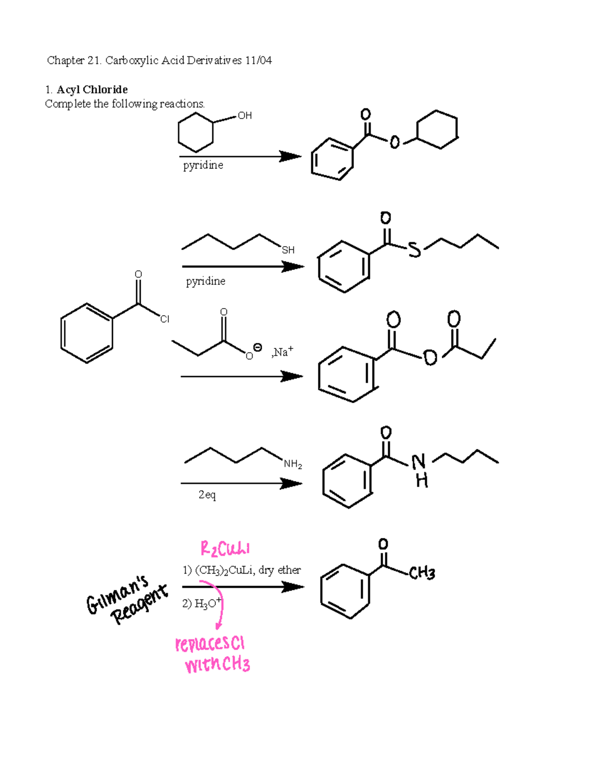 CHEM241 Practice Carboxylic Acid Derivatives Problems - 1 the following ...