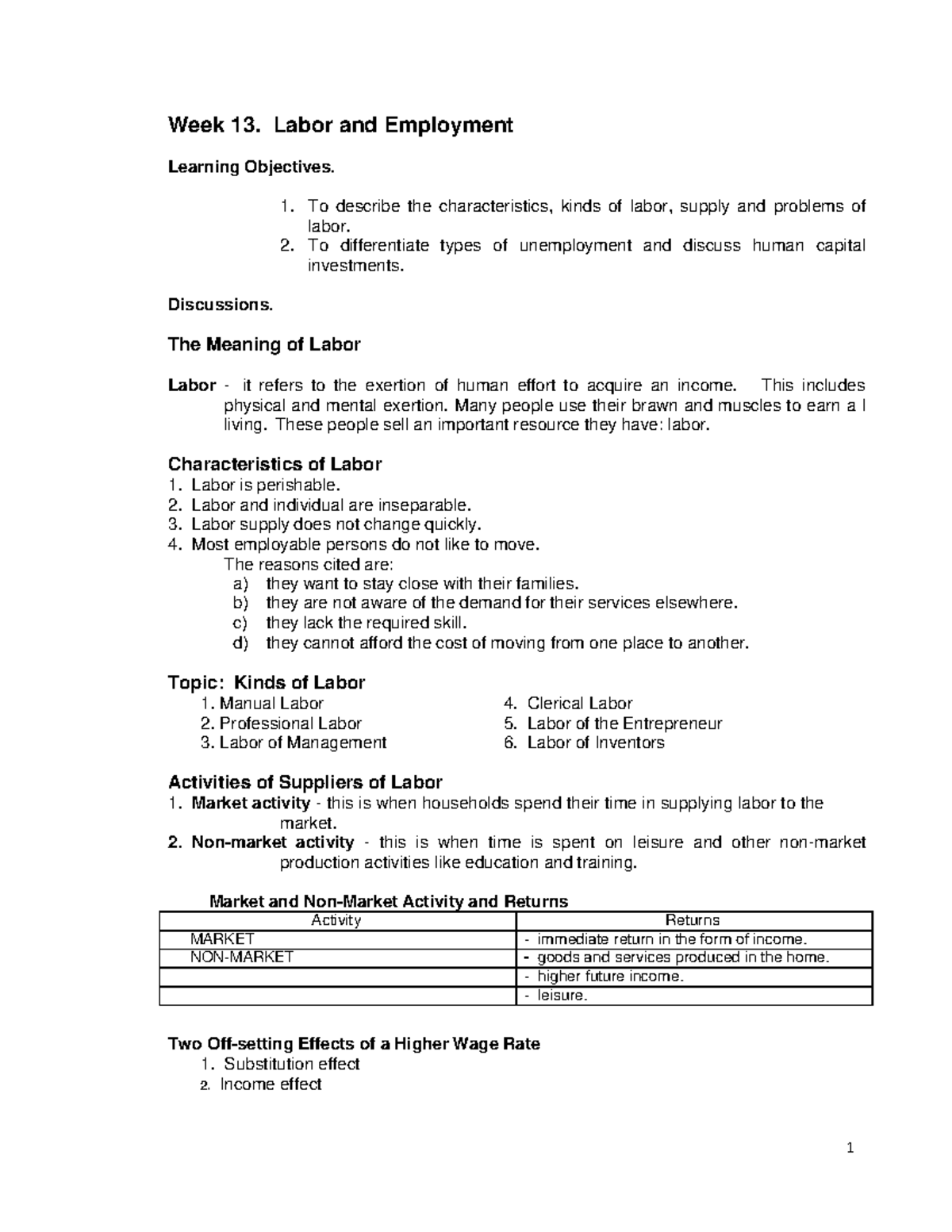 Econ 1 - Labor and Employment - 1 Week 13. Labor and Employment ...
