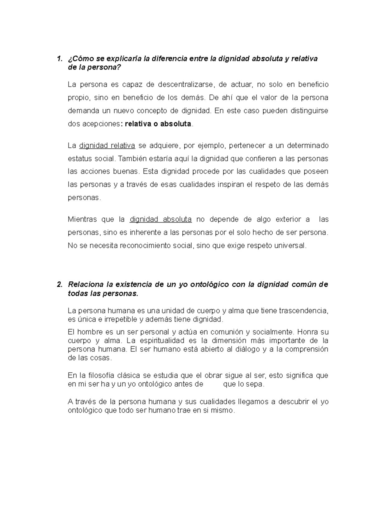 Dignidad Humana - Apuntes - ¿Cómo se explicaría la diferencia entre la ...