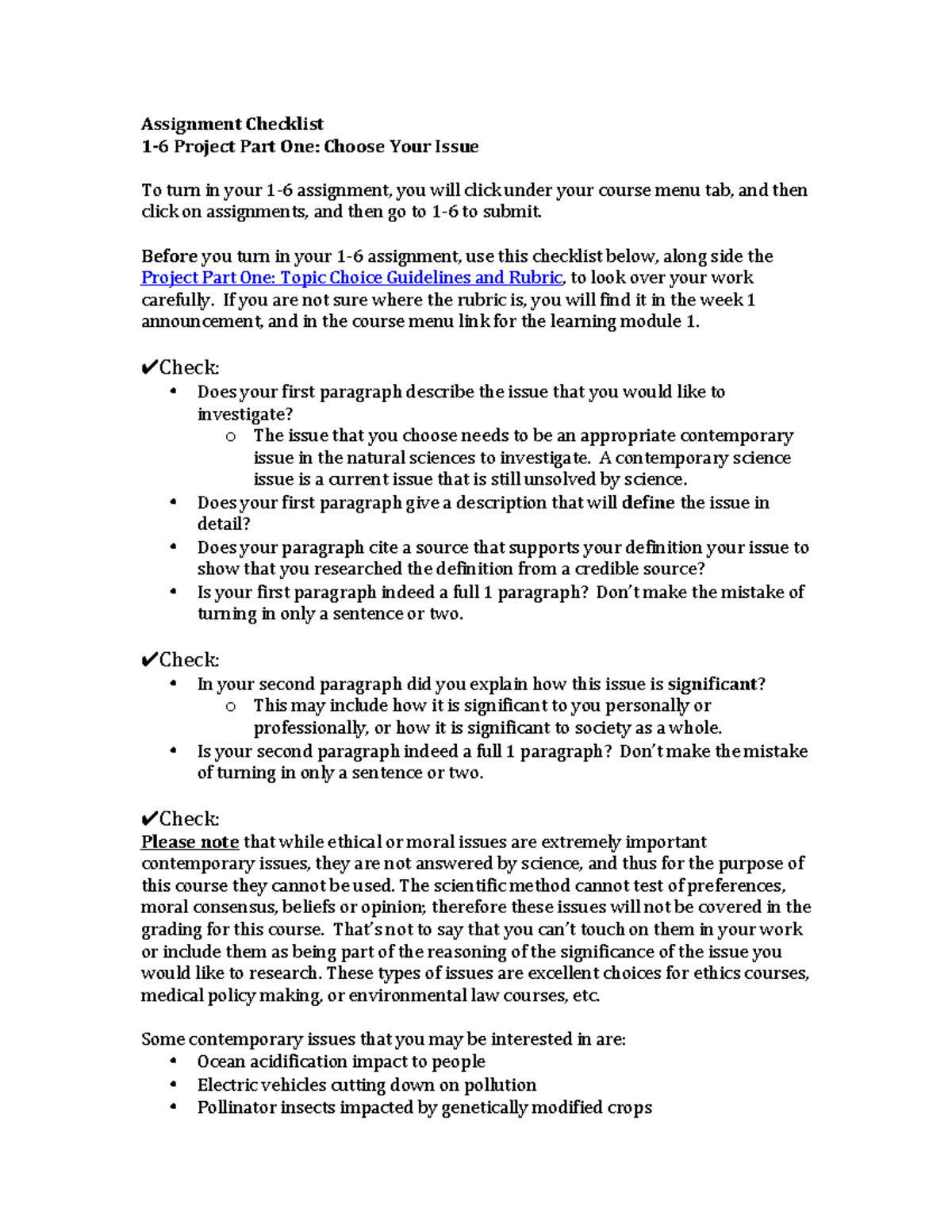 1-6 Assignment Checklist - Assignment Checklist 1 - 6 Project Part One ...
