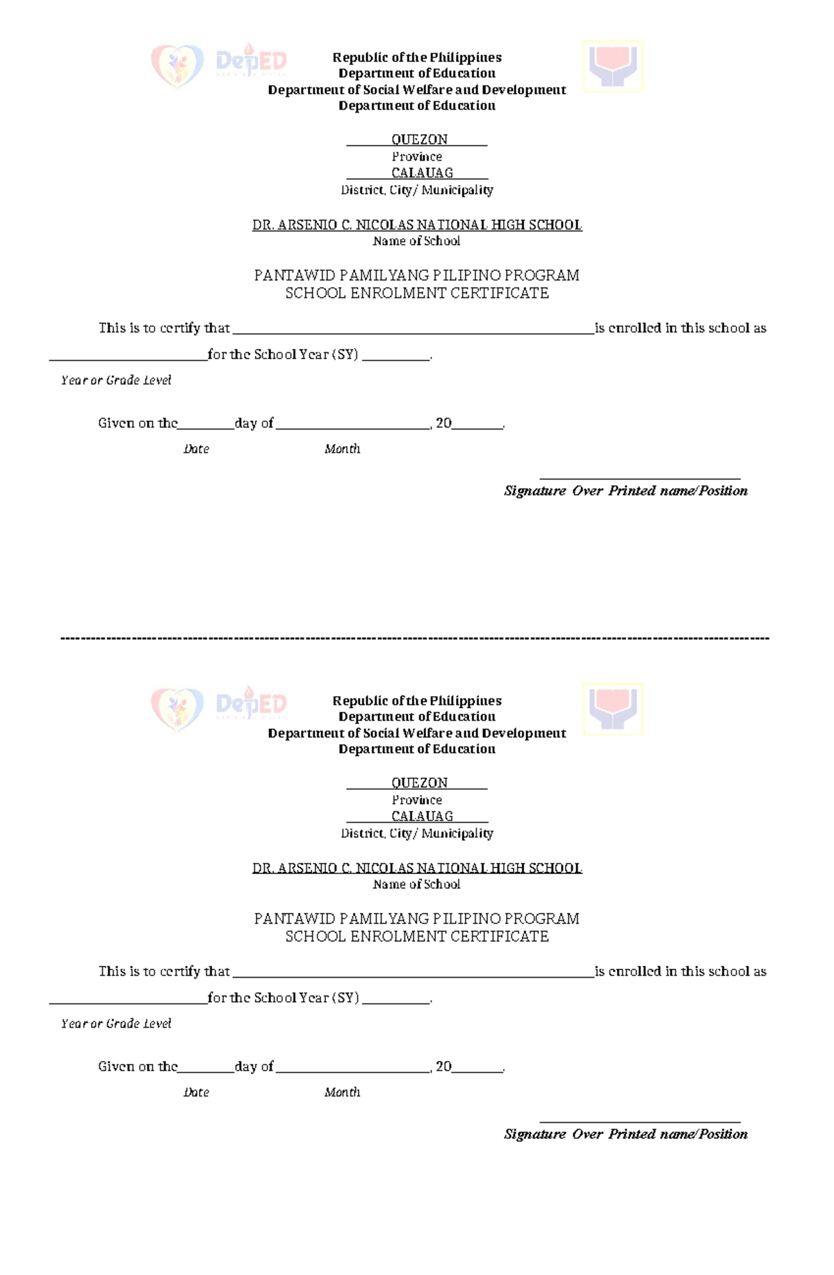 School enrollment cert - Republic of the Philippines Department of ...