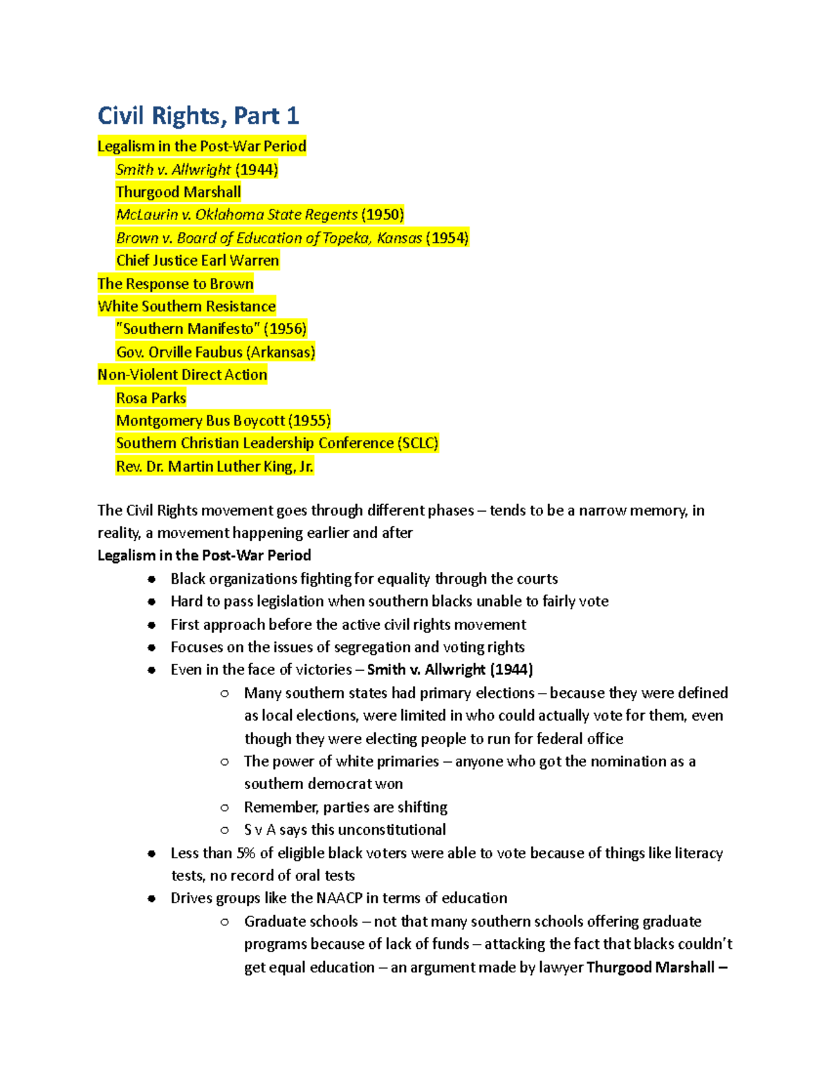 Civil Rights, Part 1 - Detailed notes from class - essential for essay ...