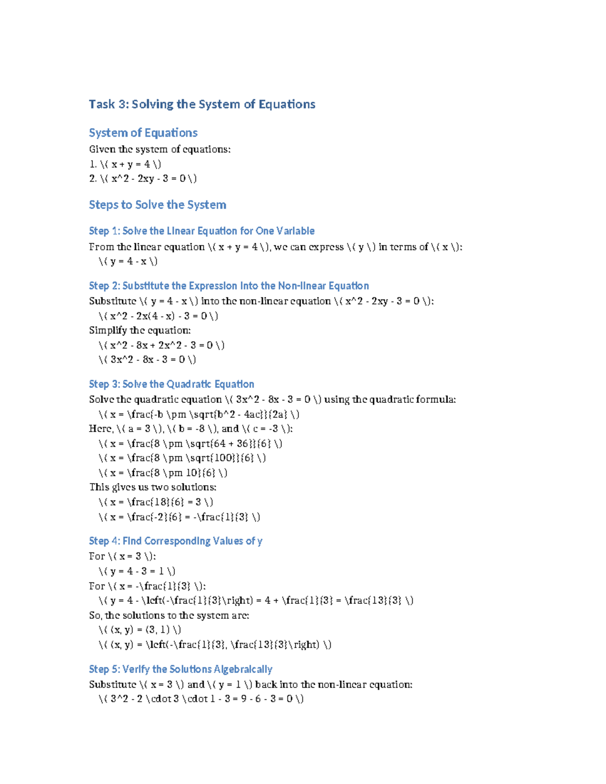 Task 3 Solutions - Written Assignment - Task 3: Solving the System of ...