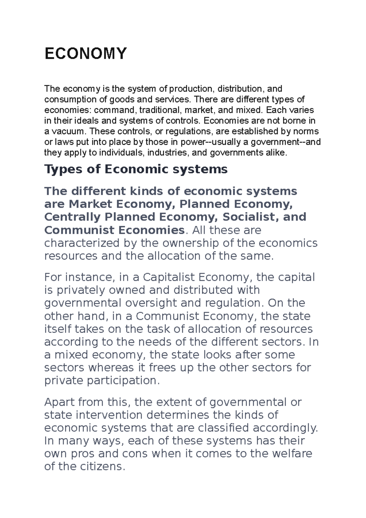 Economy __NOTES - ECONOMY The economy is the system of production ...