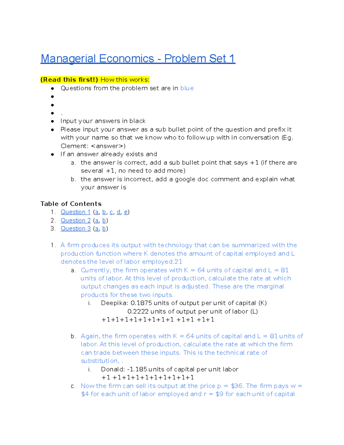 Managerial Economics - Problem Set 1 - Input your answers in black ...