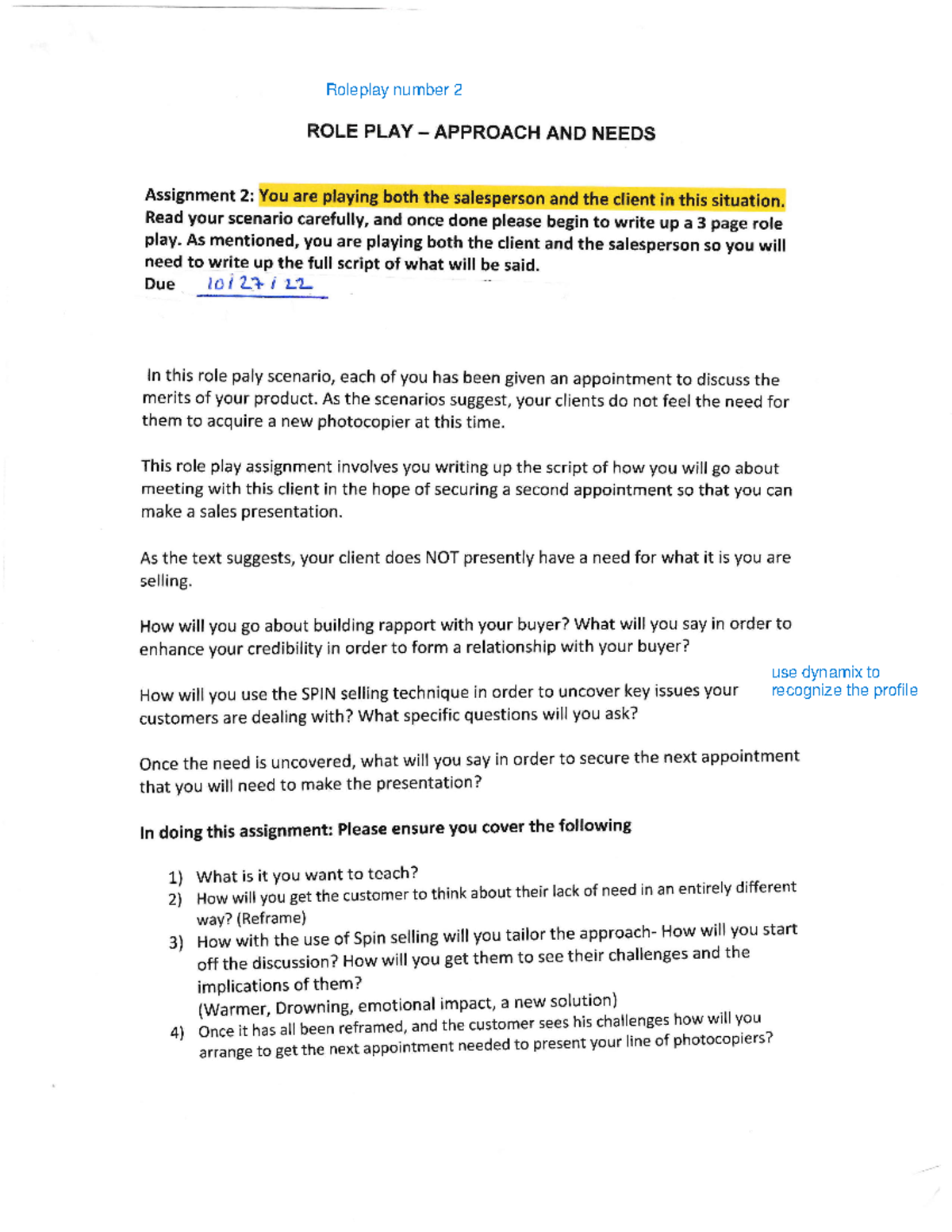 Mark 454 Assignment 2 Role Play Part 1 - ROLE PLAY _ APPROACH AND NEEDS ...